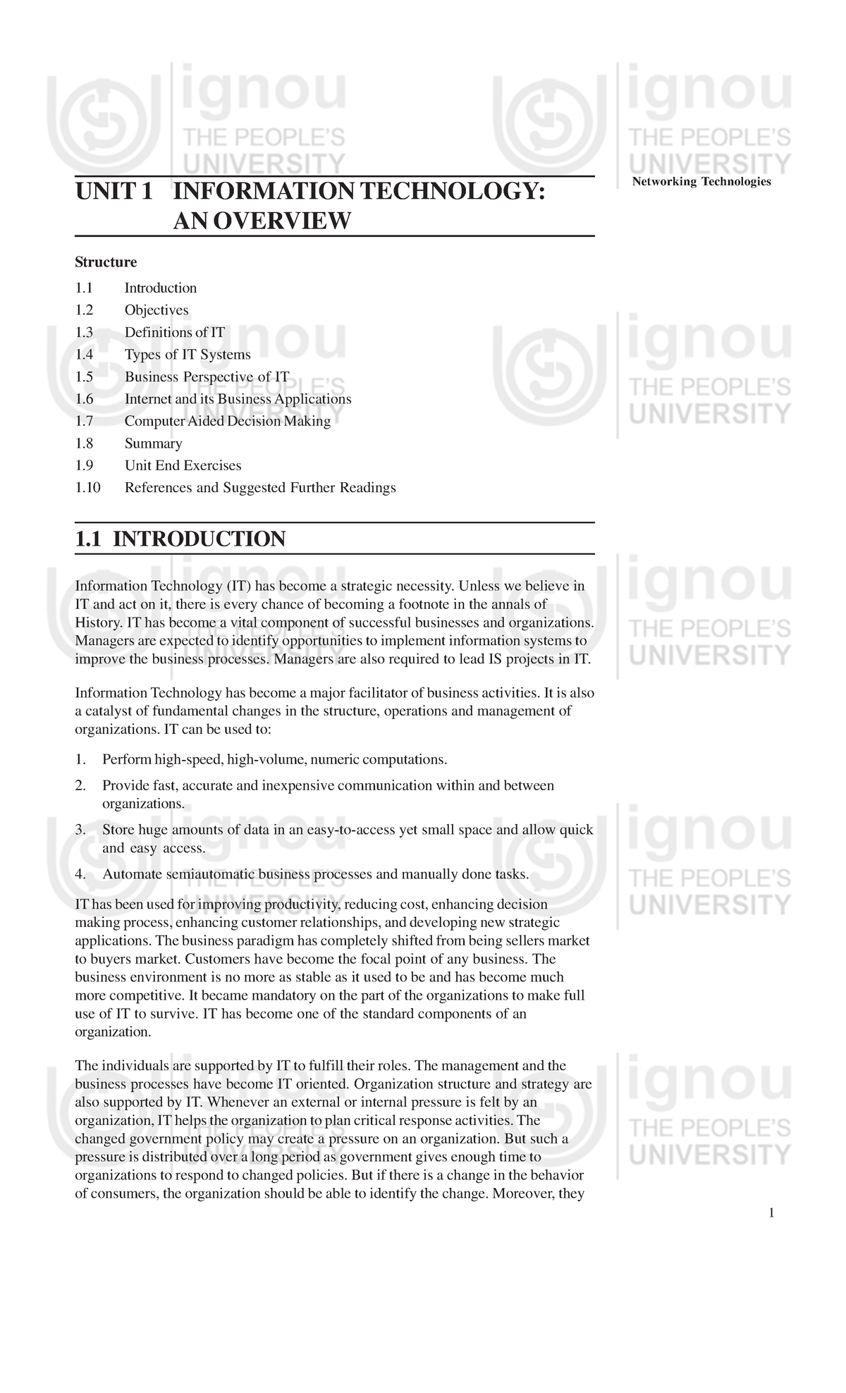 Unit 1 - Networking Technologies UNIT 1 INFORMATION TECHNOLOGY: AN ...