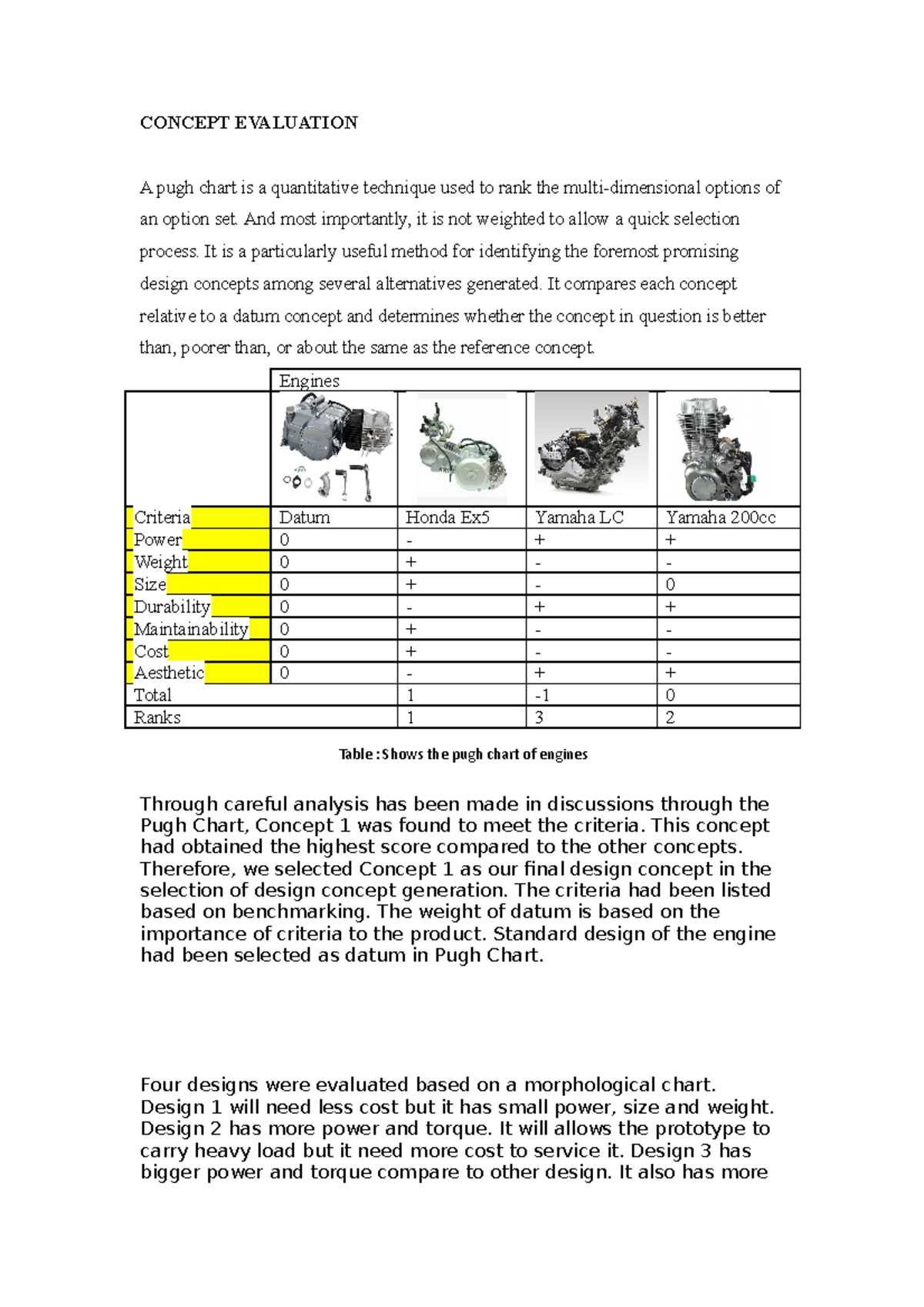 Engine Concept Evaluation - CONCEPT EVALUATION A pugh chart is a ...