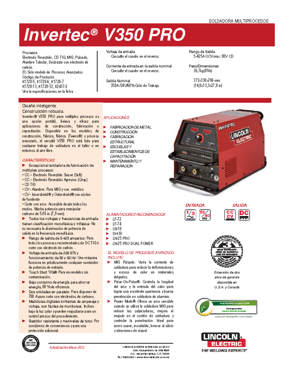 Invertec V350 Pro - detalle tecnico de parámetro de equipos de ...