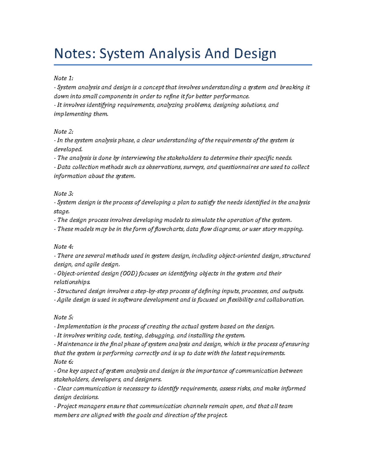 Lecture Notes System Analysis And Design Notes System Analysis And