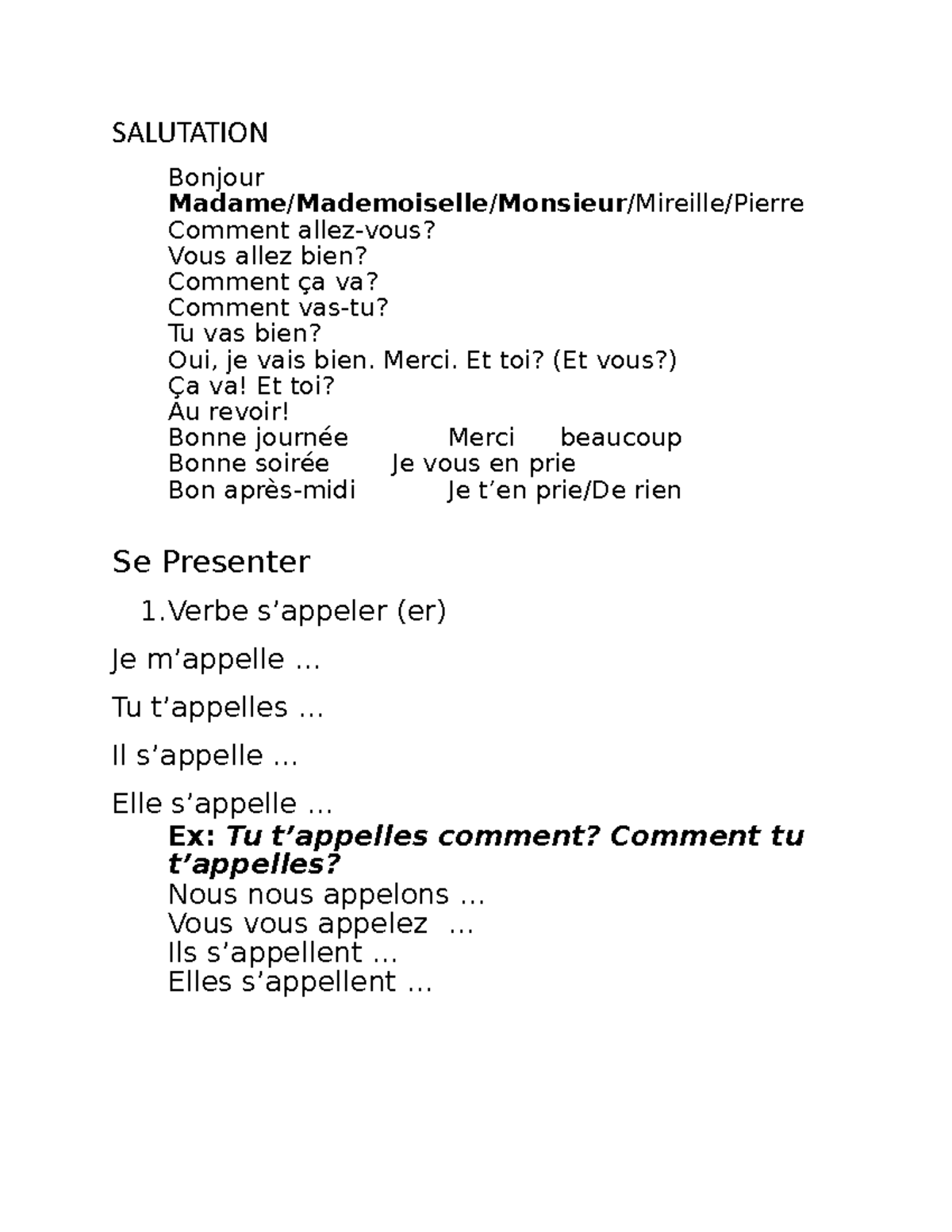 Kalimat sederhana dalam bahasa prancis - SALUTATION Bonjour - Studocu