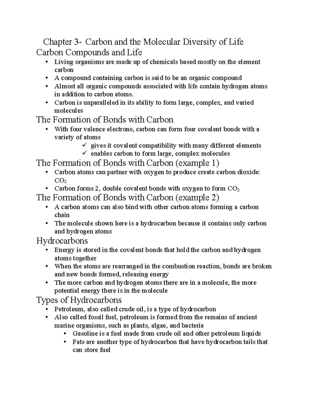 Chapter 3- Bio Notes - Chapter 3- Carbon and the Molecular Diversity of ...