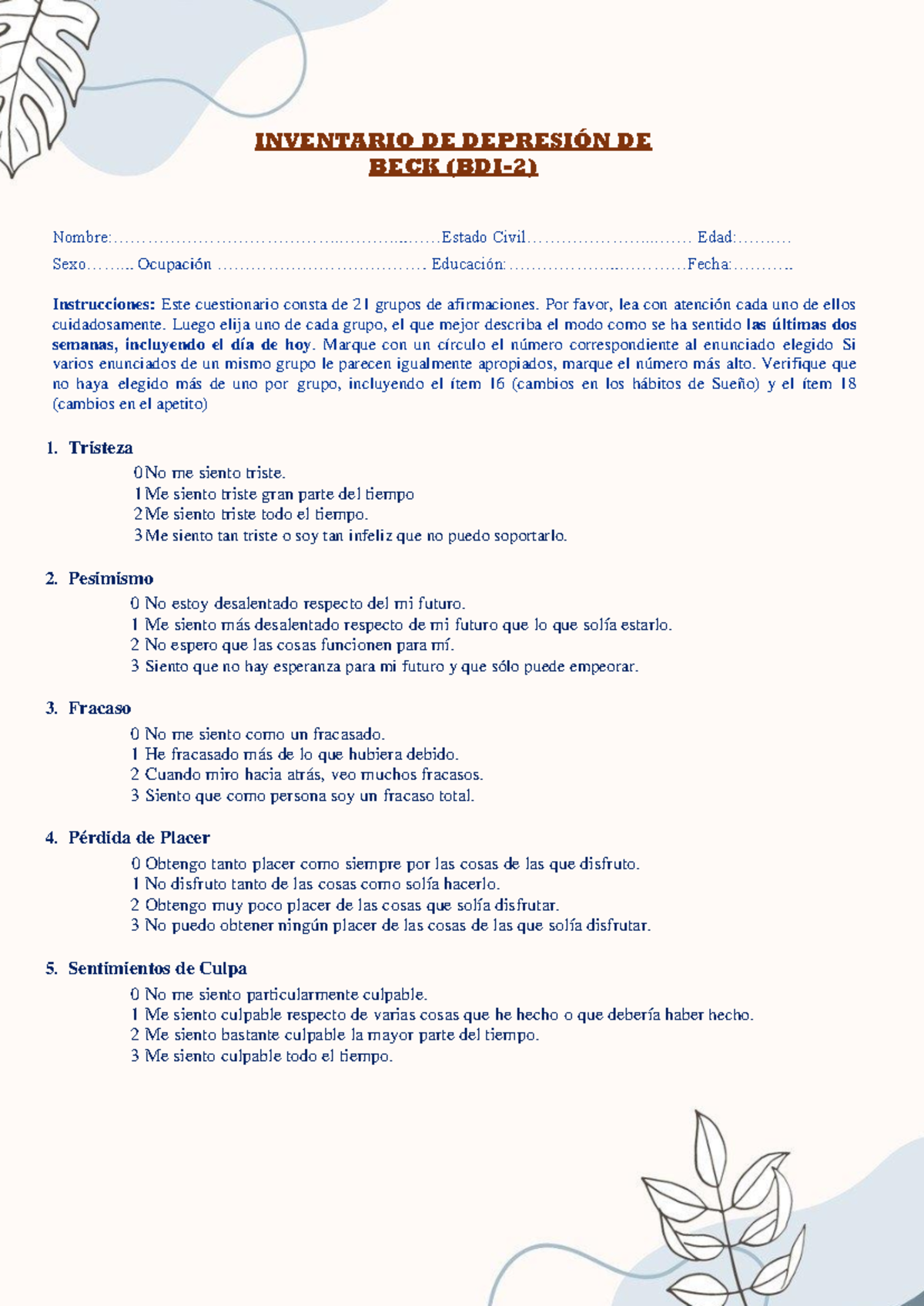 Inventario de Depresión de Beck (BDI-2) - INVENTARIO DE DEPRESIÓN DE ...