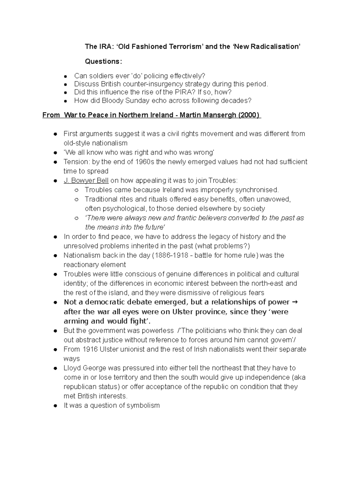 Seminar 3 - IRA - IRA case study - The IRA: ‘Old Fashioned Terrorism ...