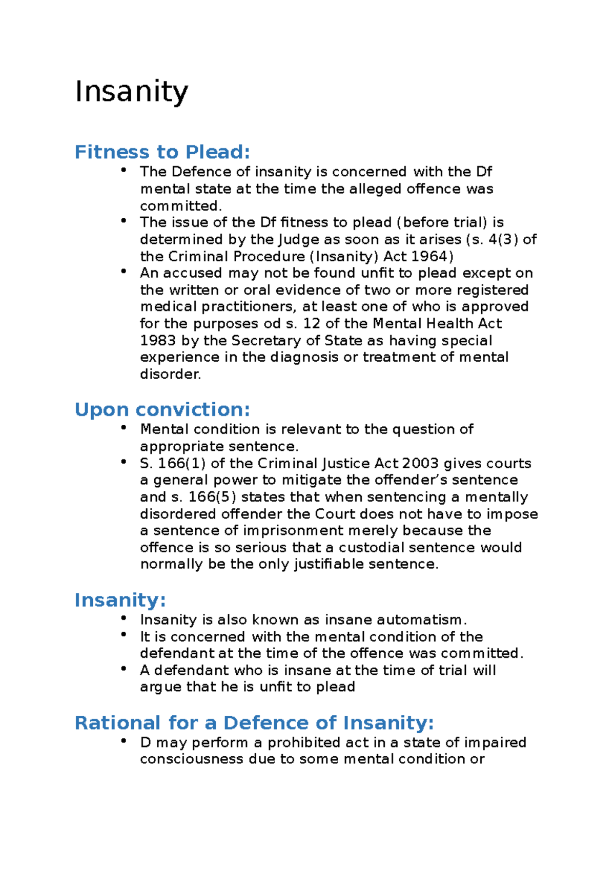 Insanity - Lecture notes 10 - Insanity Fitness to Plead: The Defence of ...