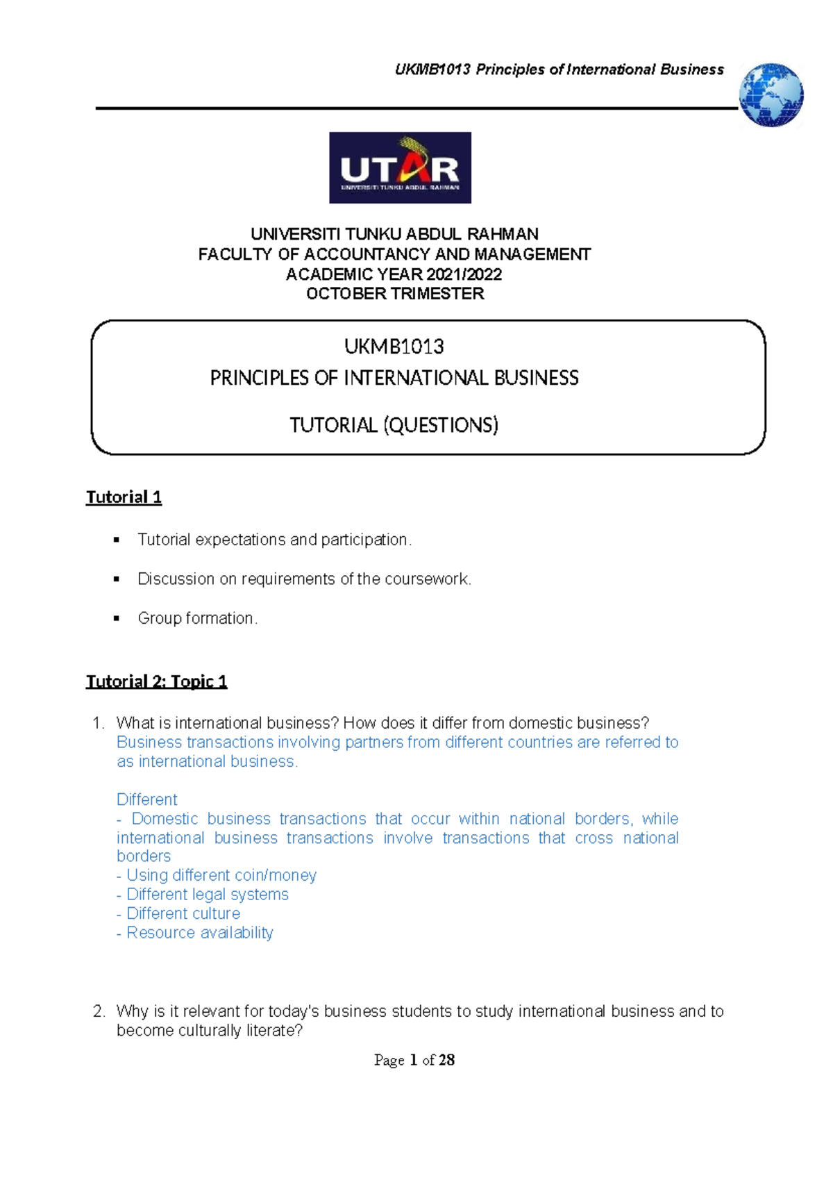 Tutorial Questions - UKMB1013 - UNIVERSITI TUNKU ABDUL RAHMAN FACULTY ...