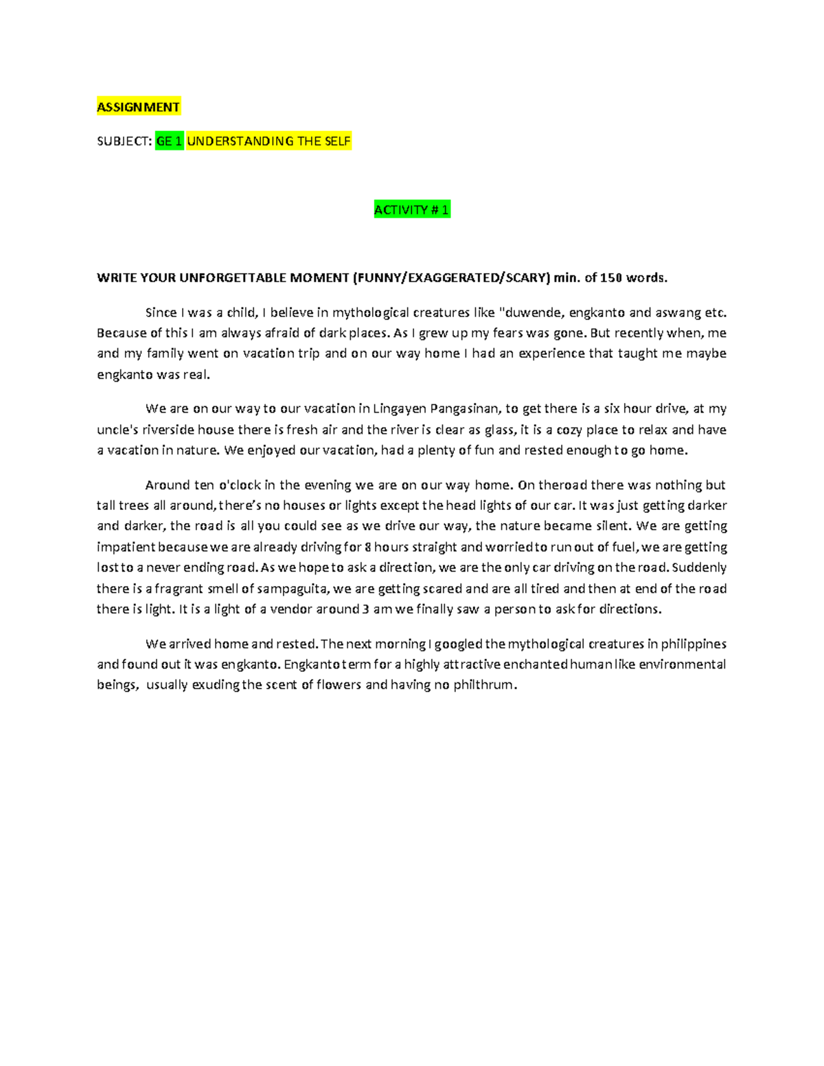 Assignment UTS GE-1 - ASSIGNMENT SUBJECT: GE 1 UNDERSTANDING THE SELF ...