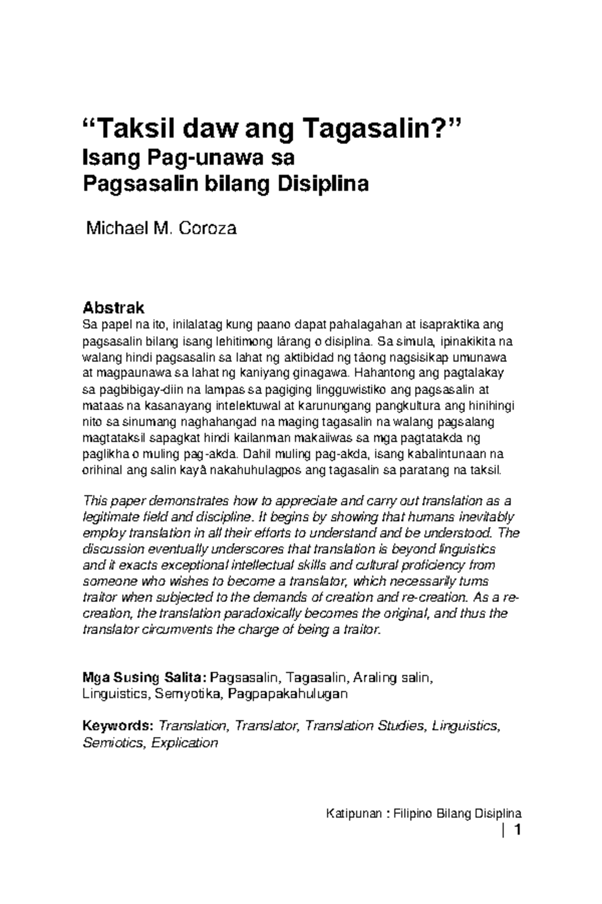 “Taksil daw ang Tagasalin-” ni Michael M. Coroza - “Taksil daw ang ...