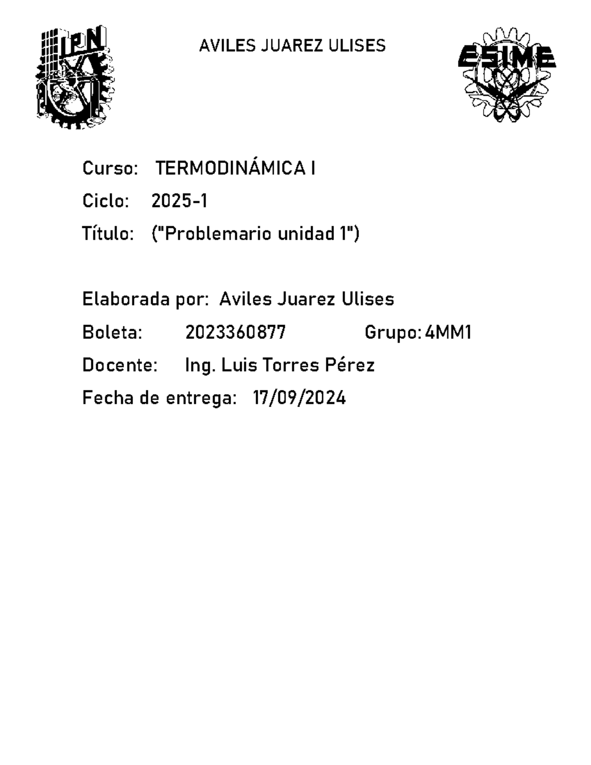 Aviles Juarez Ulises Problemario Termodinamica - Curso: TERMODINÁMICA I ...