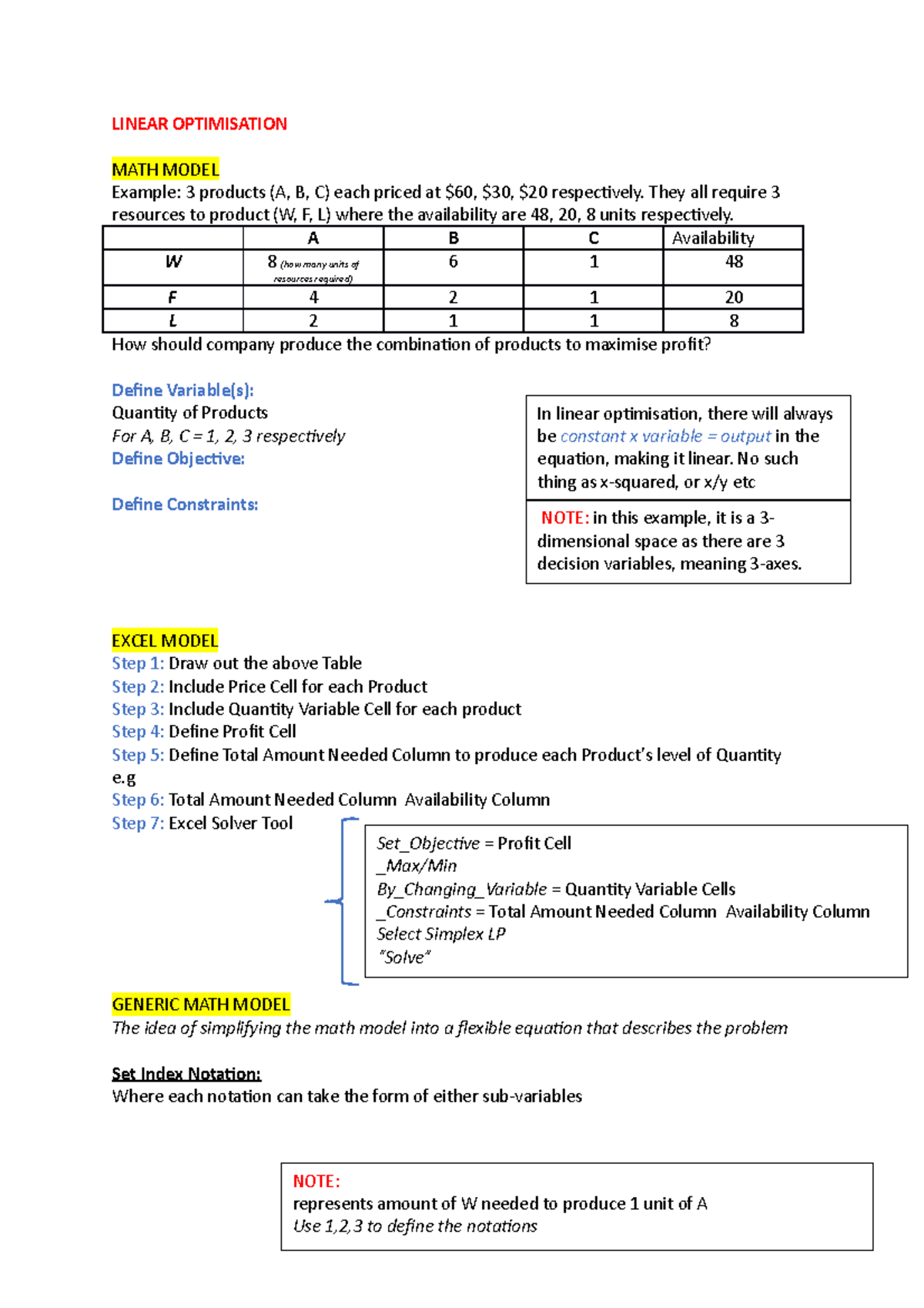 Wk 9 Notes (Optimisation) - LINEAR OPTIMISATION MATH MODEL Example: 3 ...