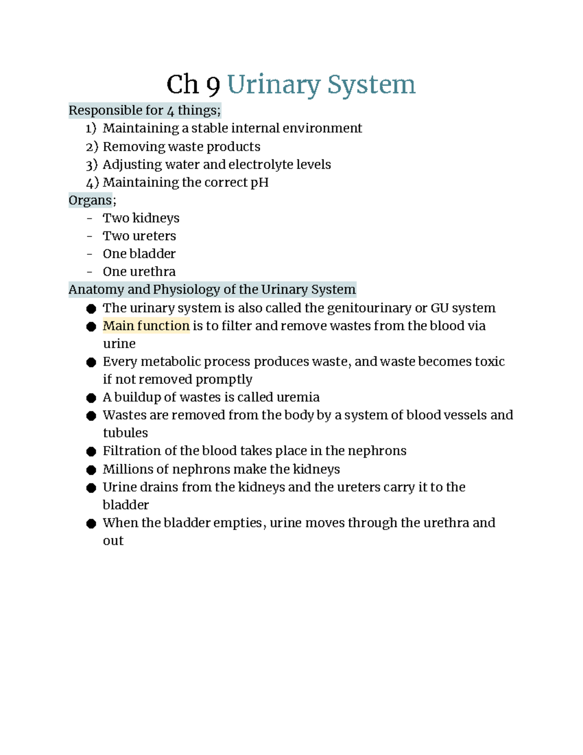 Med Term Ch9 urinary system Notes - Ch 9 Urinary System Responsible for ...