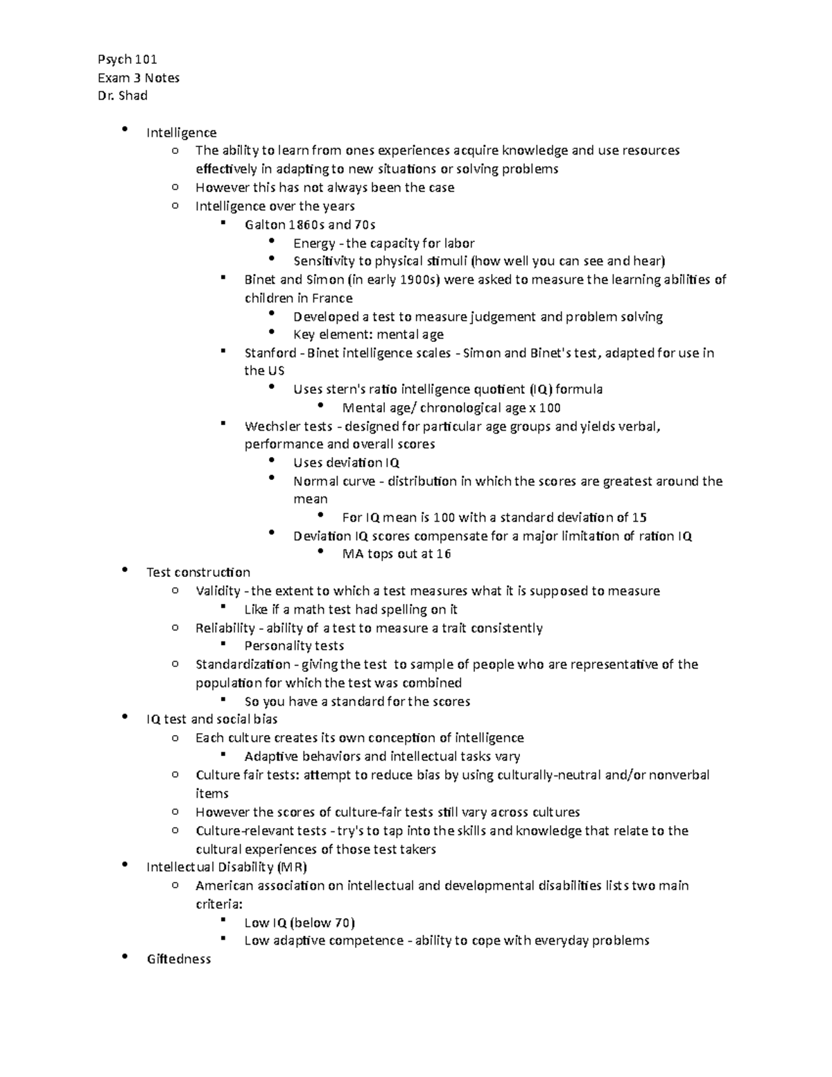Psych Notes 8 - Psych 101 Exam 3 Notes Dr. Shad Intelligence o The ...