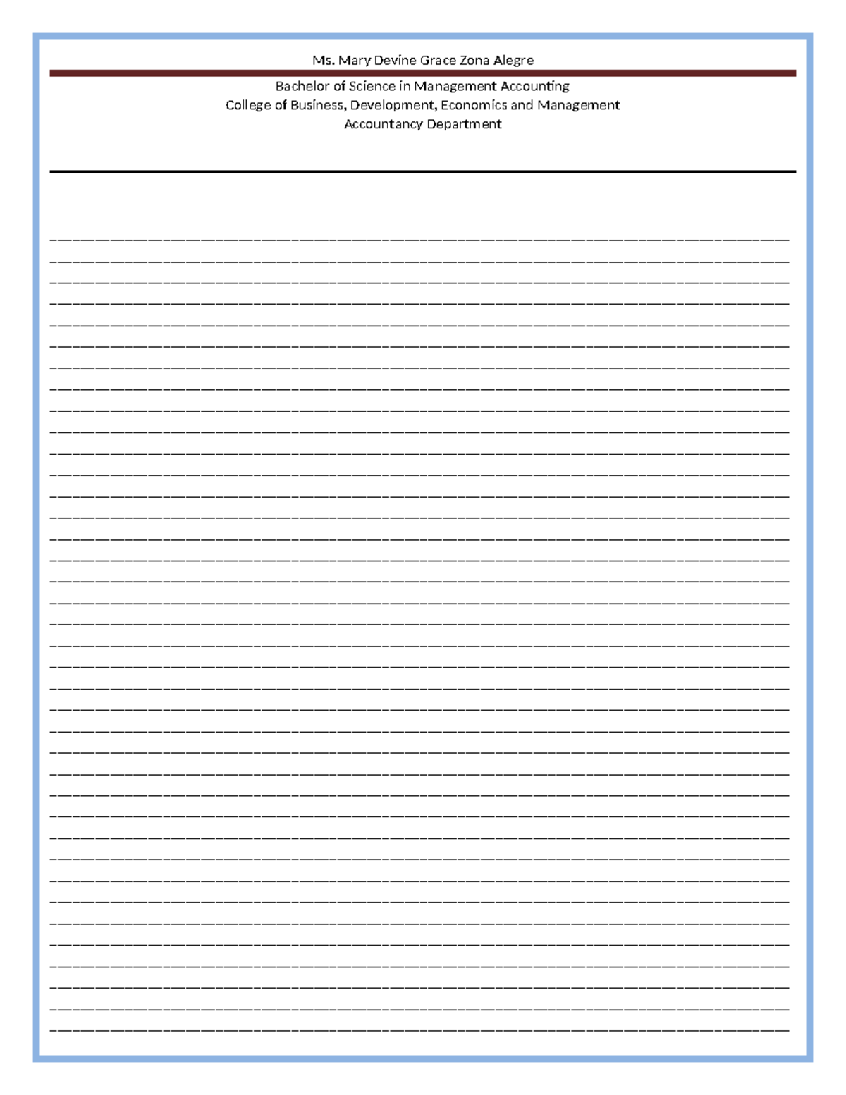 Paper plain layout - Ms. Mary Devine Grace Zona Alegre Bachelor of Science in Management ...