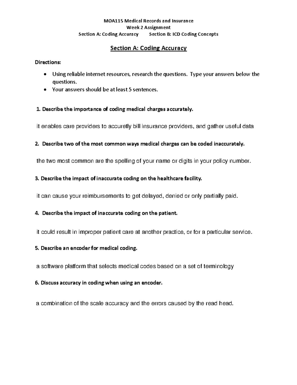 Week 2 Assignment Worksheet - MOA115 Medical Records and Insurance Week ...
