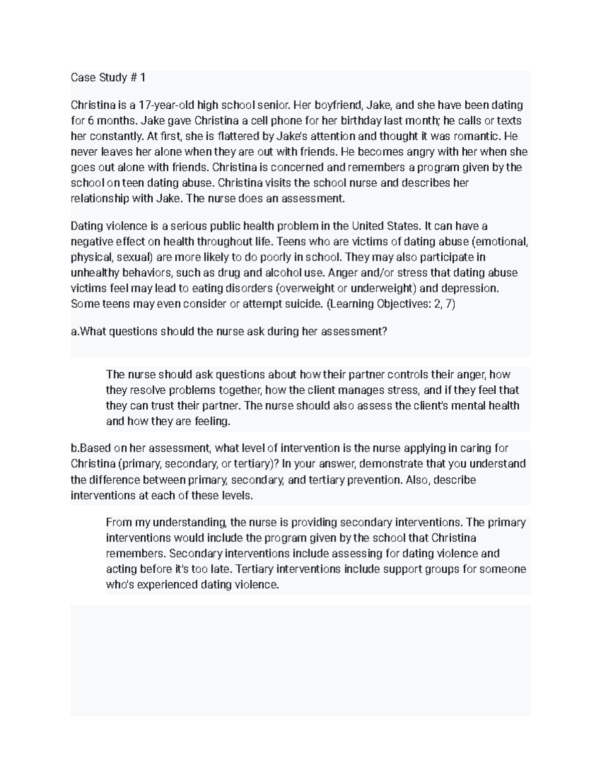 Case Study Ch. 16 #1 & #2 - Case Study # 1 Christina is a 17-year-old ...