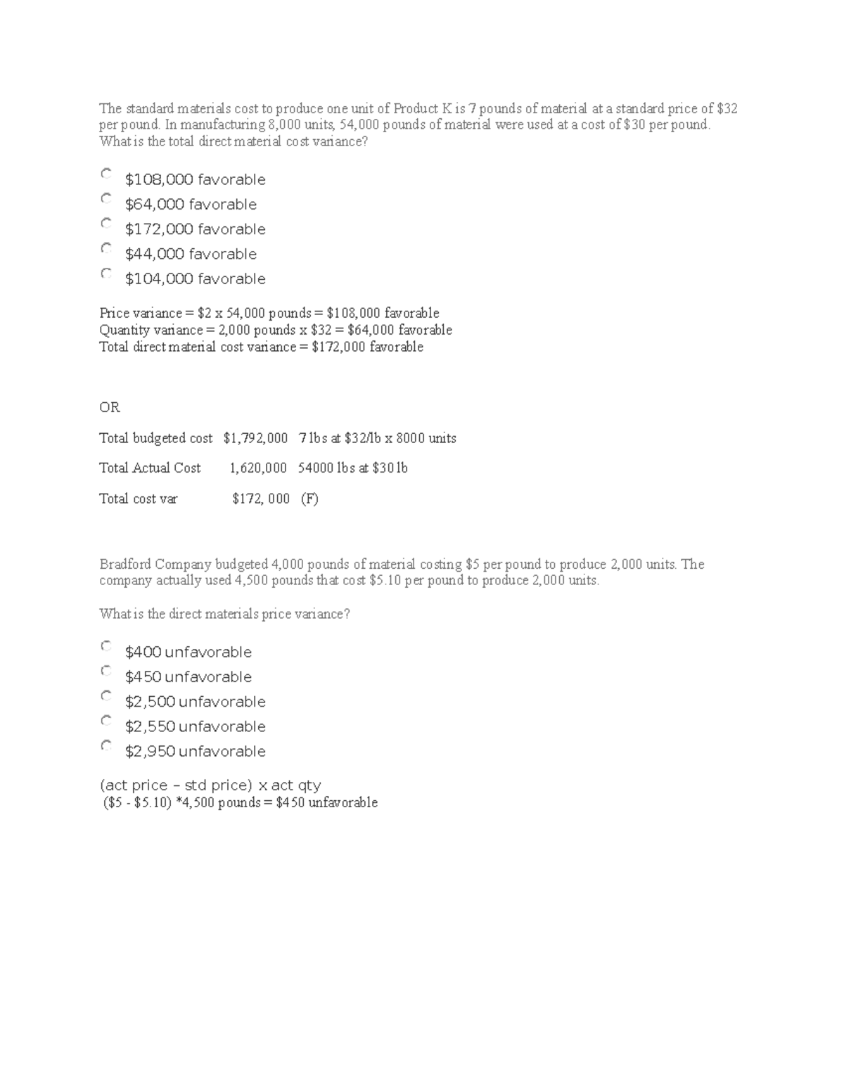 Example of Price and Quantity variances - The standard materials cost ...