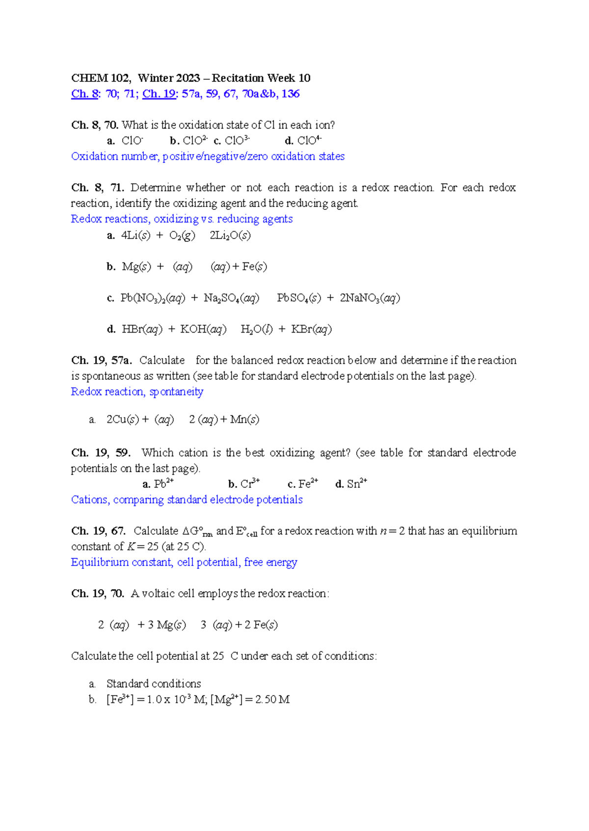 Chem 102 Recitation Week 10 - CHEM 102, Winter 2023 – Recitation Week ...