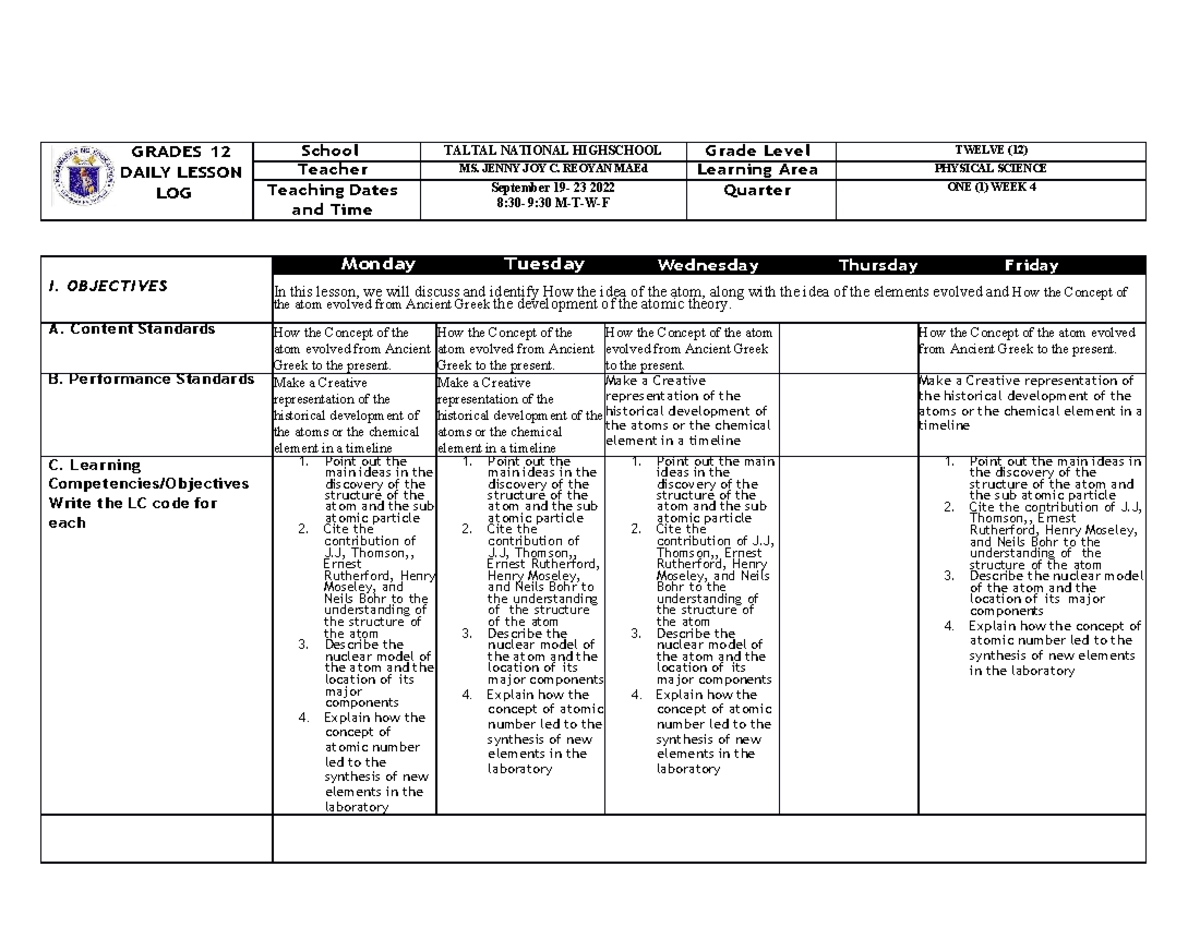 W4physcidll - tutorial - GRADES 12 DAILY LESSON LOG School TALTAL ...