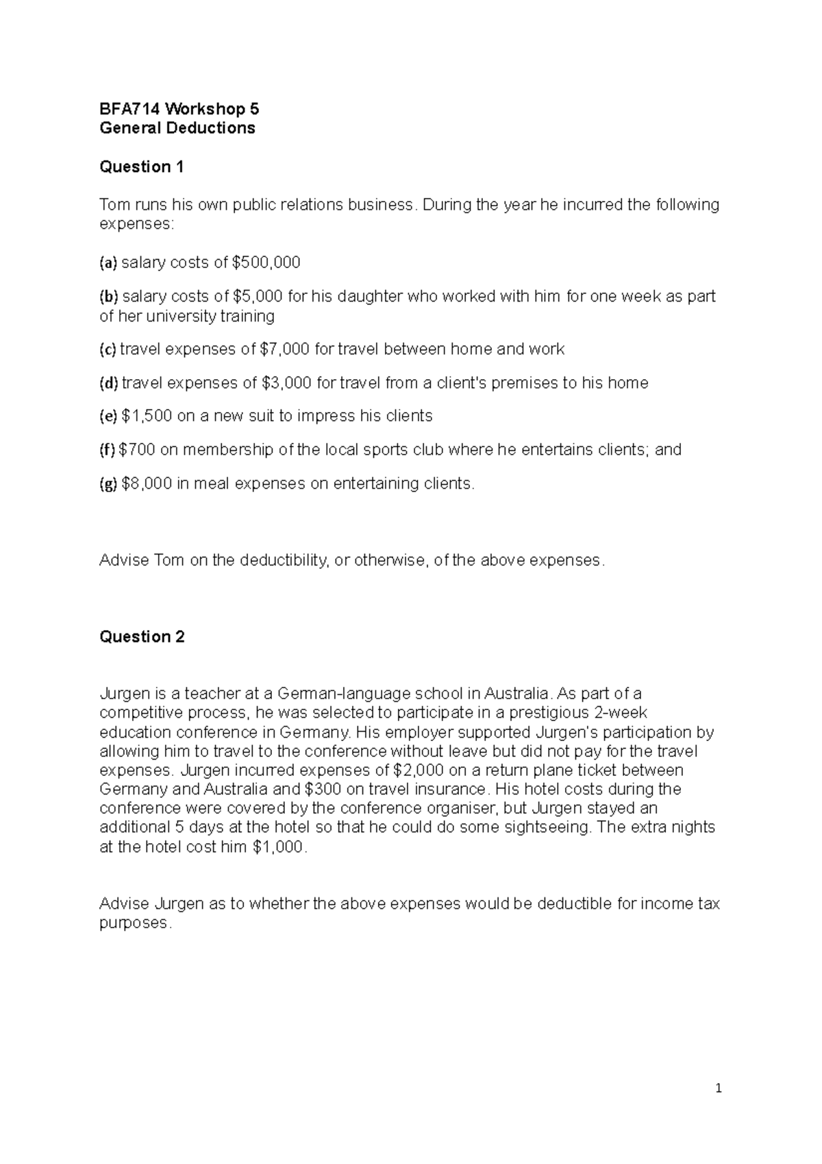 Bfa714 Workshop 5 General Deductions Questions 2021 Bfa714 Workshop 5 General Deductions