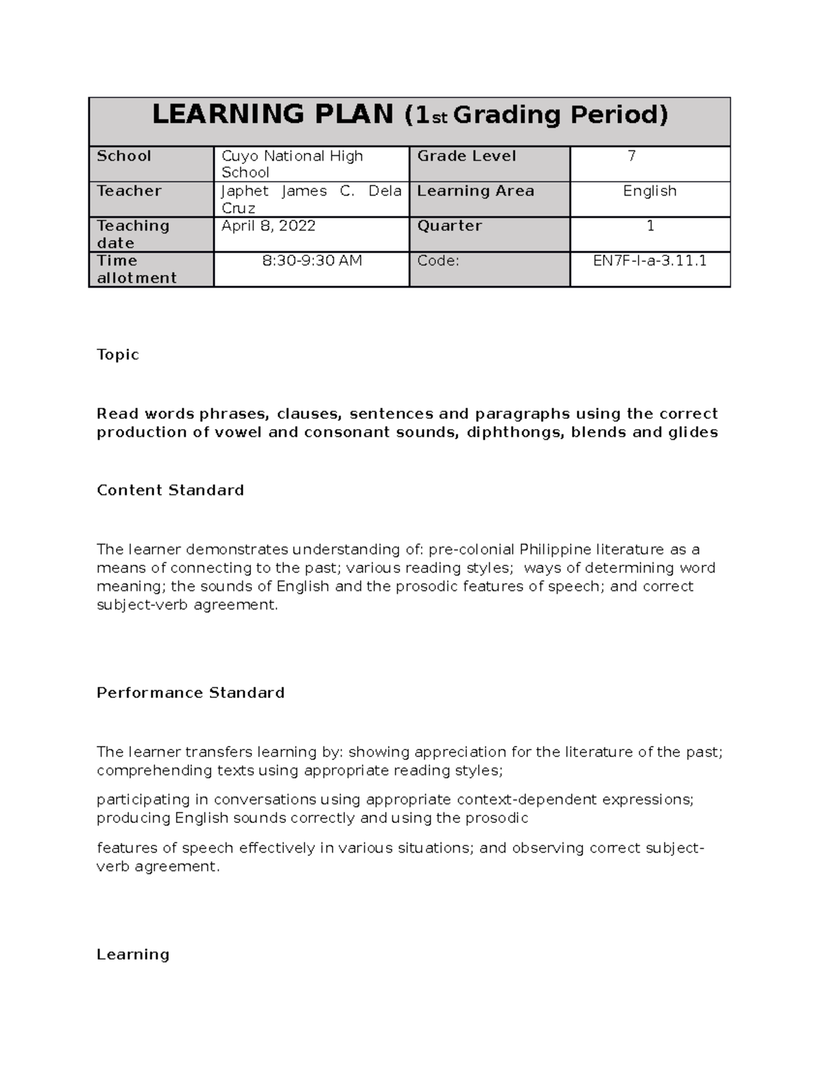 Learning-PLAN-format - LEARNING PLAN (1st Grading Period) School Cuyo ...