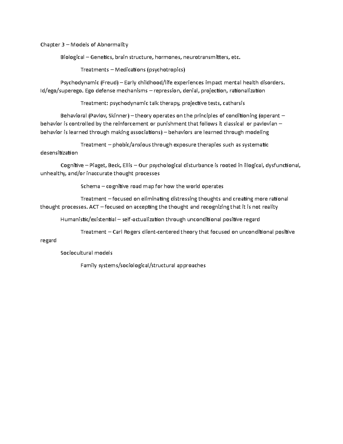 Class notes chp 3 - Chapter 3 – Models of Abnormality Biological ...