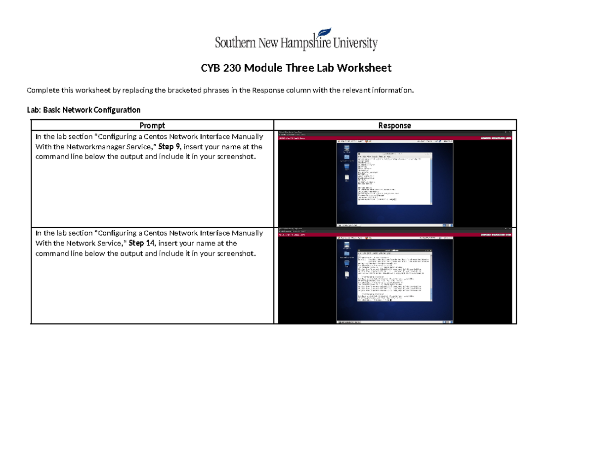 CYB 230 Module Three Lab - Lab: Basic Network Configuration Prompt Response In the lab section ...