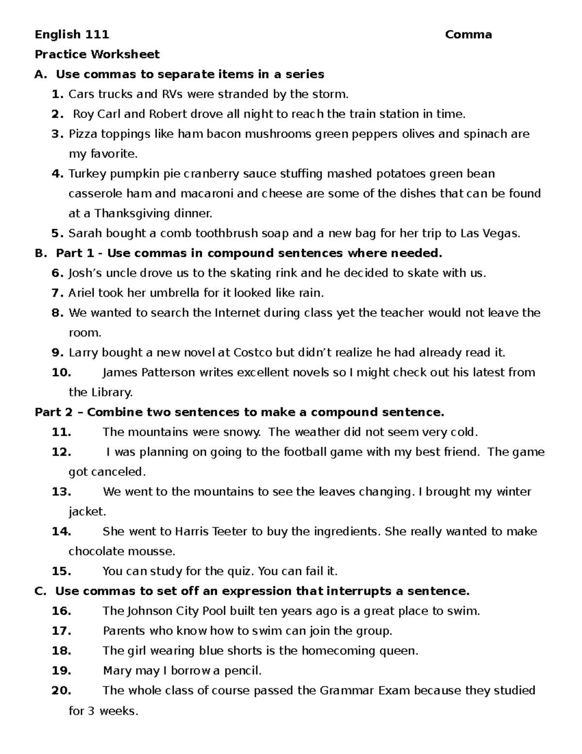 Comma Practice Worksheet - Use commas to separate items in a series 1 ...
