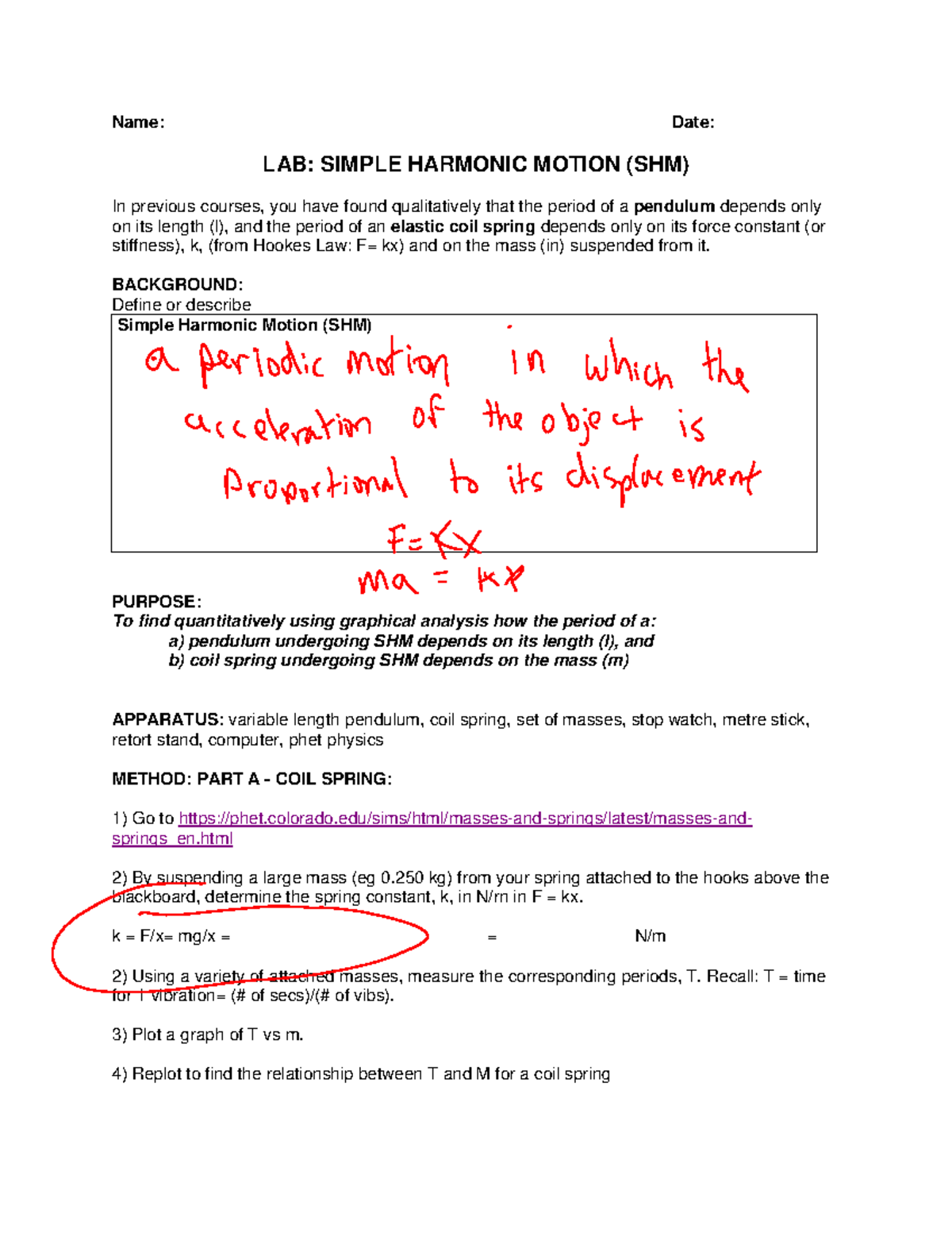 5 Lab SHM notes - Simple Harmonics Lab Grade 12 - Name: Date: LAB ...