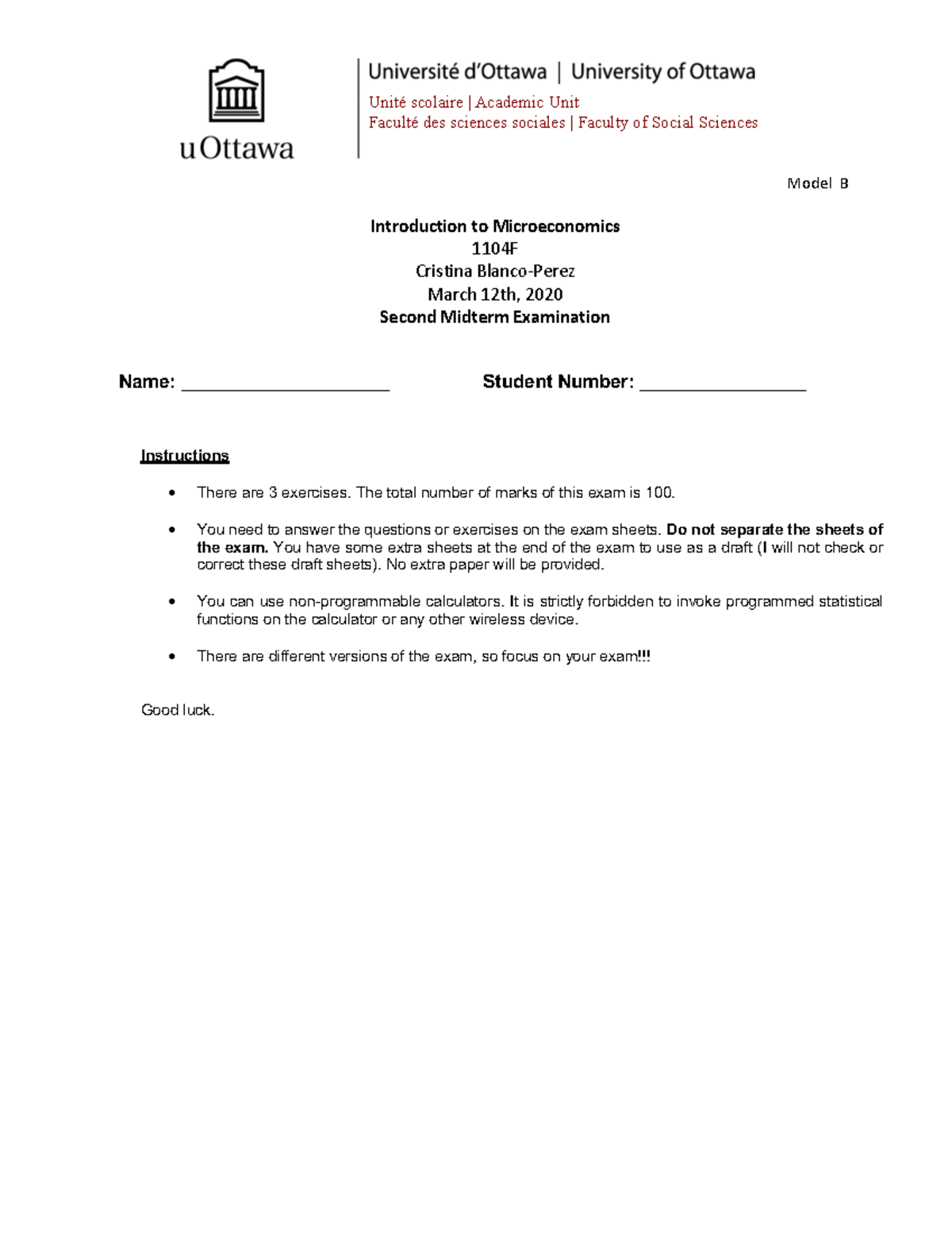 second Midterm 2020 - Warning: TT: undefined function: 32 Model B Introduction to Microeconomics ...