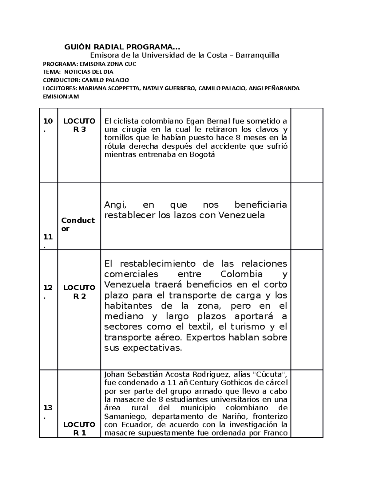 Boceto Guión Radial grupo 3, 2 - GUIÓN RADIAL PROGRAMA... Emisora de la Universidad de la Costa ...
