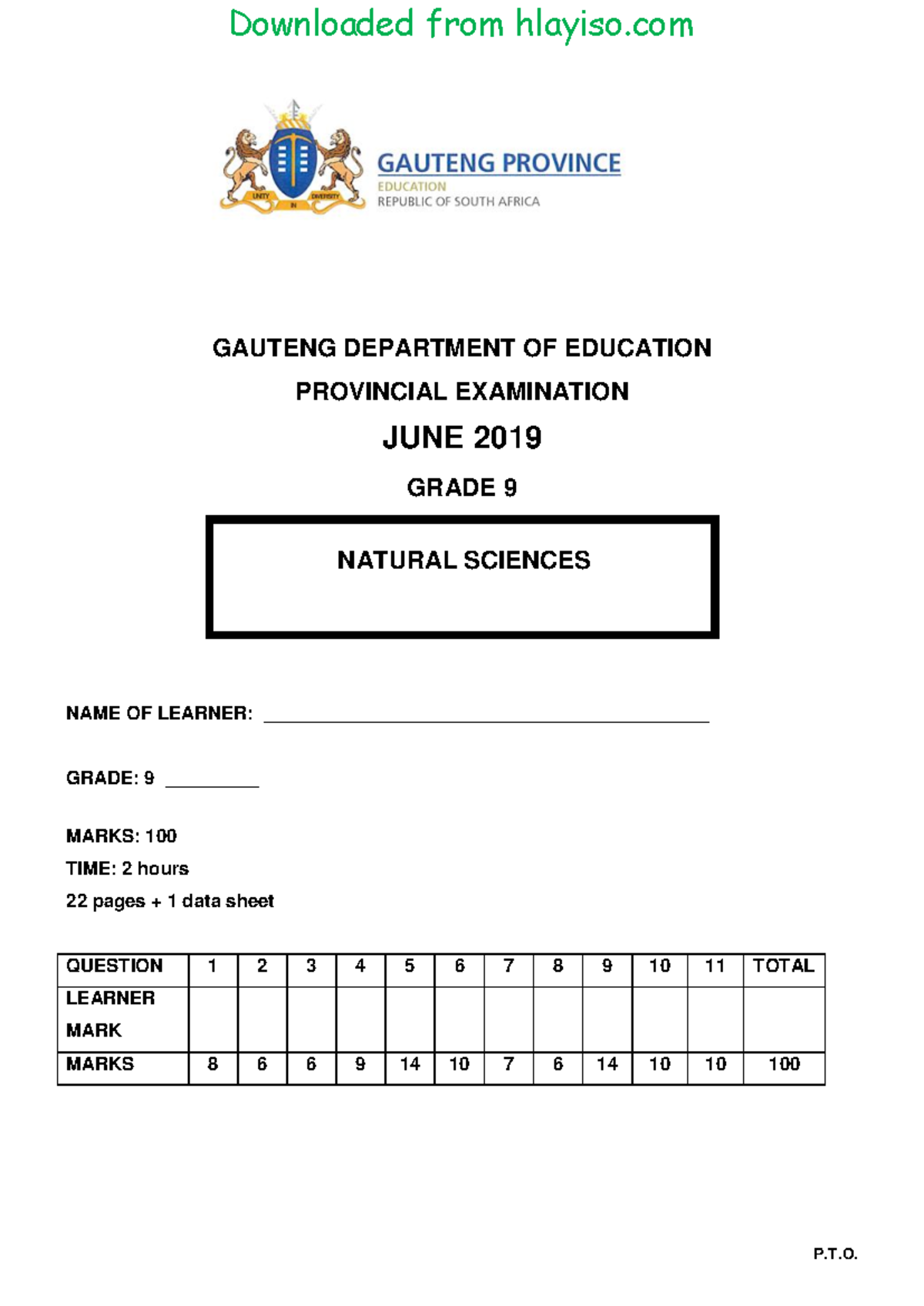 GR9 Natural SC (English) June 2019 Question Paper hlayiso - P.T ...