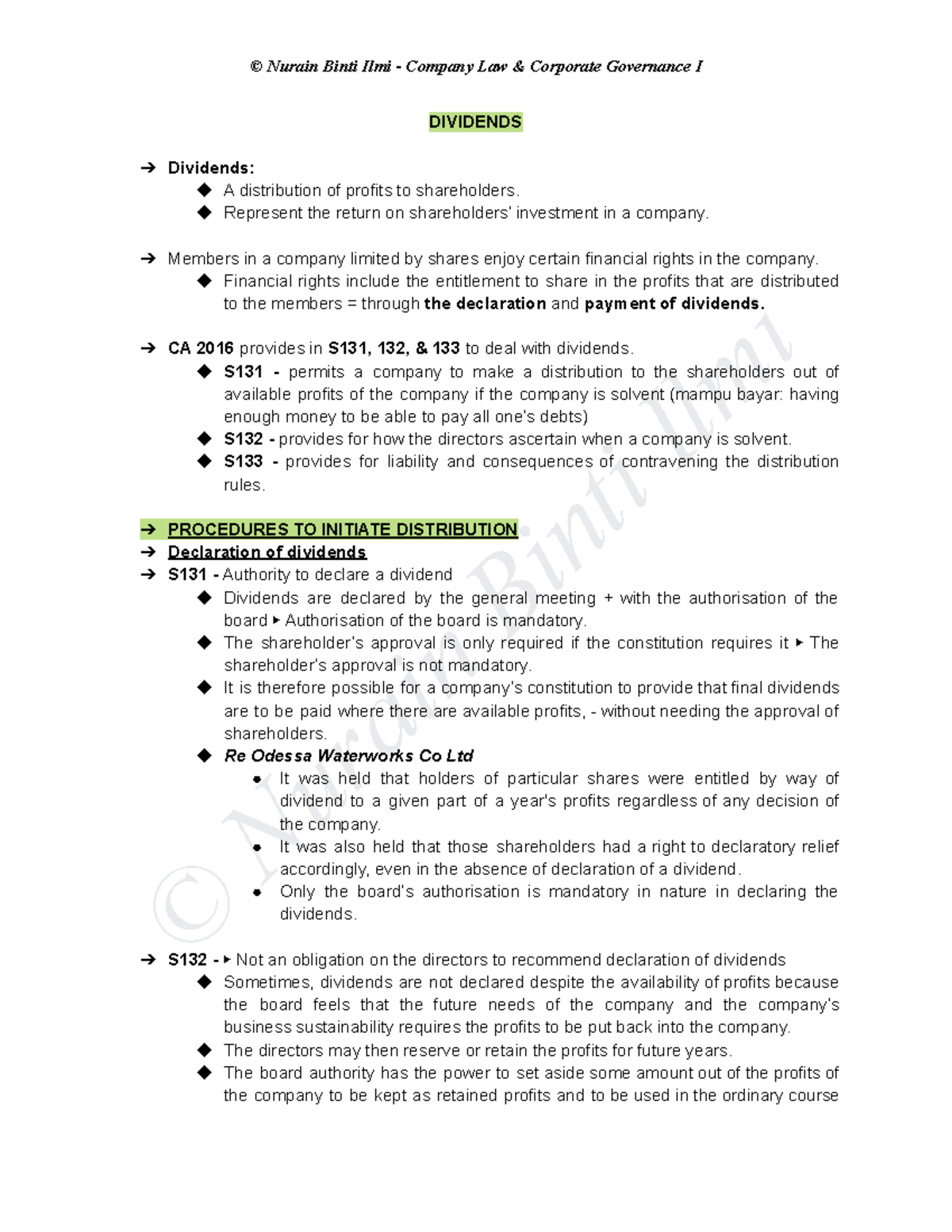Dividends - Final Exam Notes - © Nurain Binti Ilmi DIVIDENDS Dividends ...