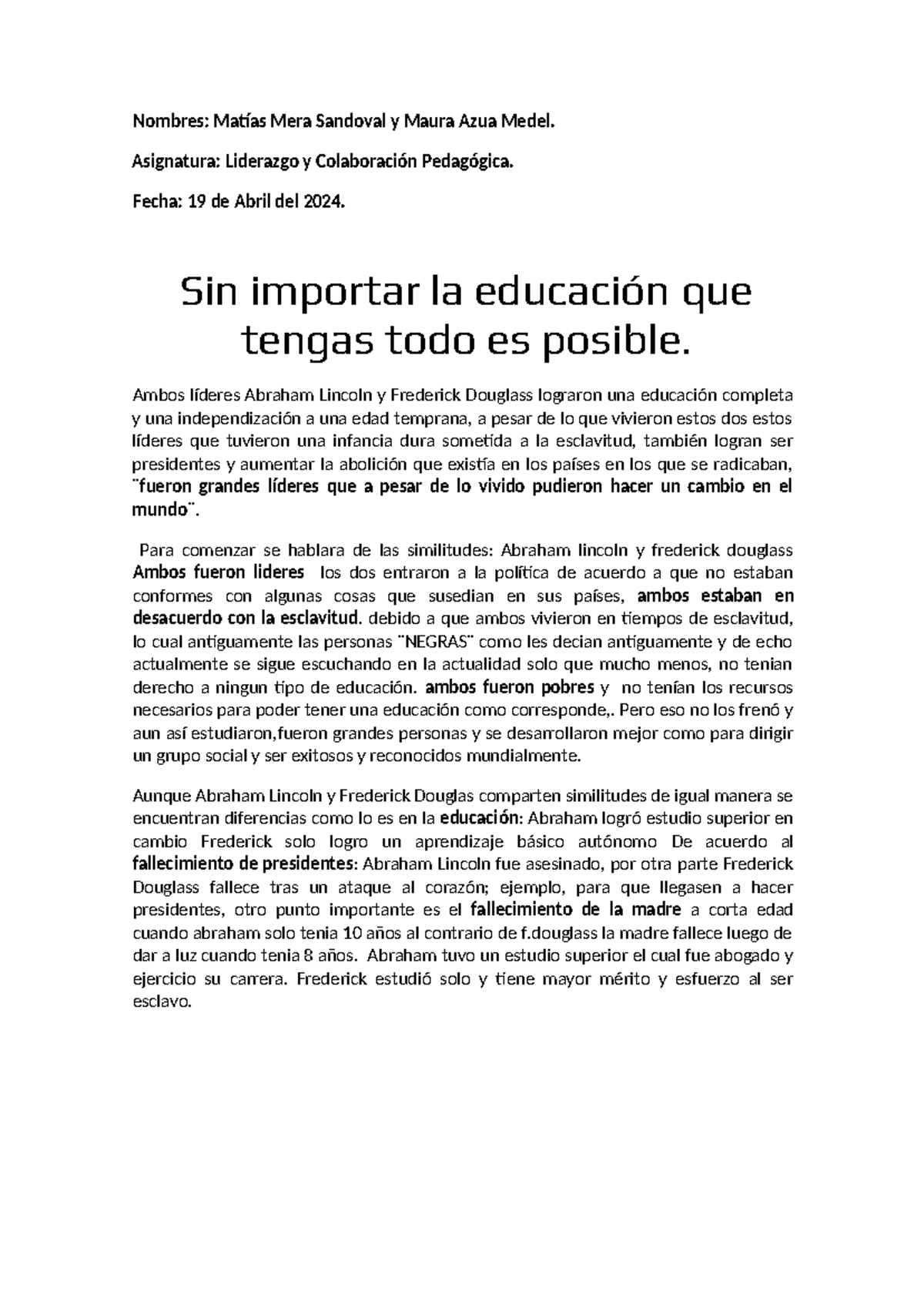 Liderazgo y Colaboración Pedagógica - Nombres: Matías Mera Sandoval y ...