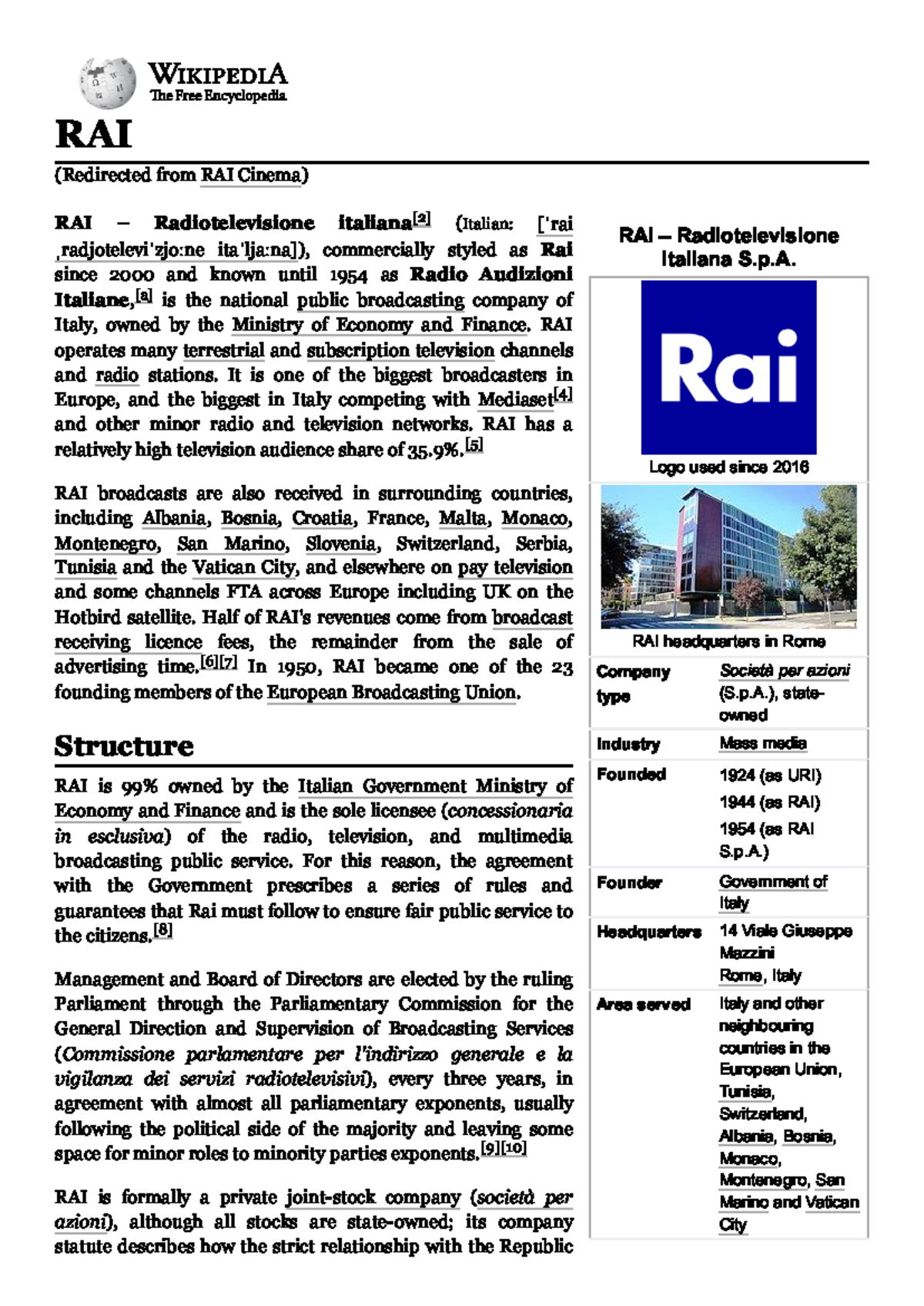 RAI - Wikipedia - !"# $ % & %'( ' ! ) - Studocu