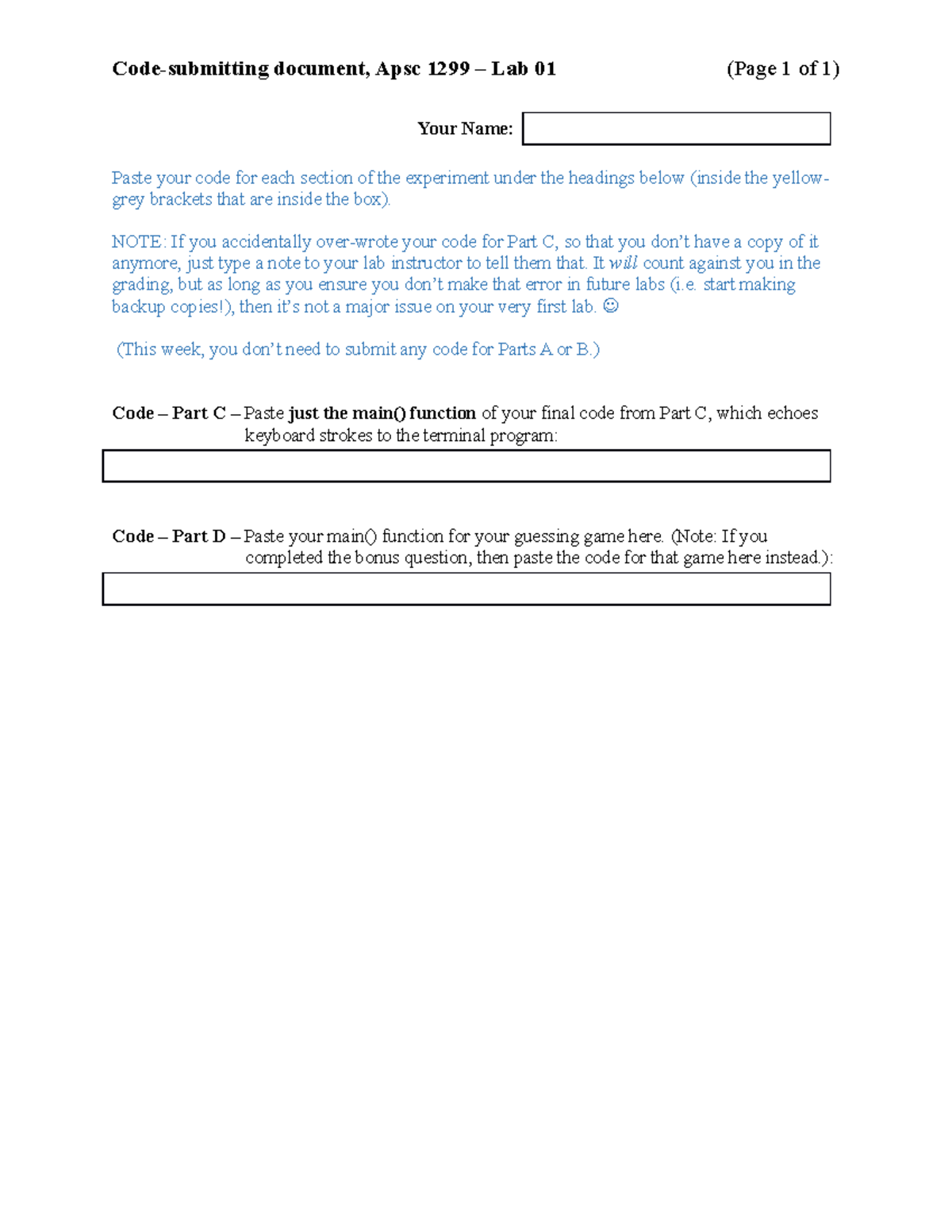 Code submitting document - Lab 01 - Code-submitting document, Apsc 1299 – Lab 01 (Page 1 of 1 ...
