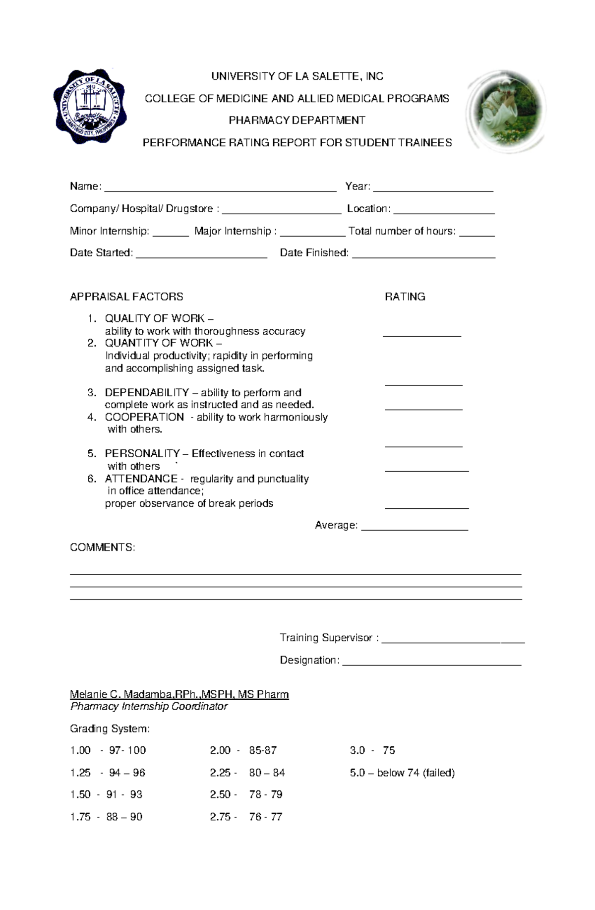 Performance-rating-report - UNIVERSITY OF LA SALETTE, INC COLLEGE OF ...