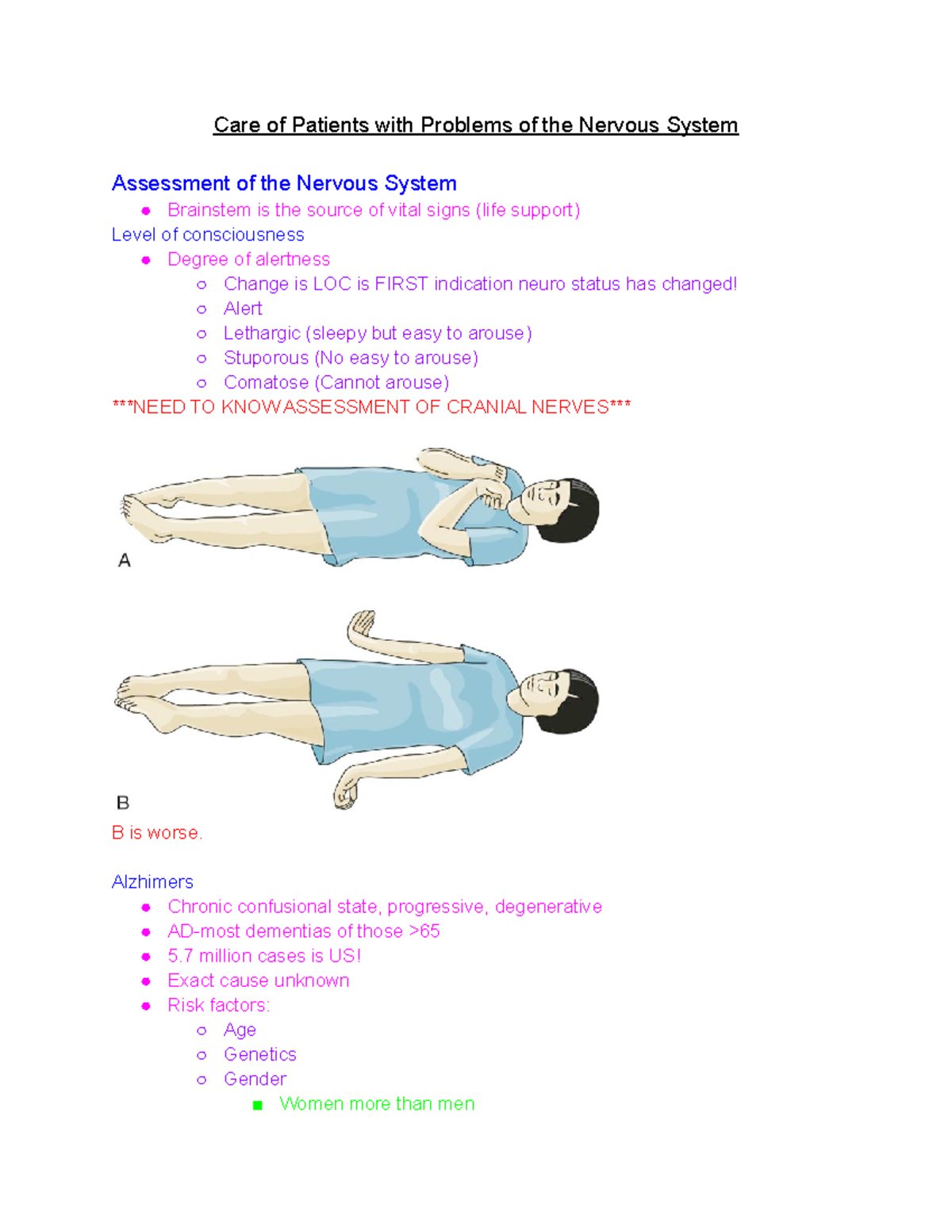 Week 8 Notes - Care of Patients with Problems of the Nervous System ...
