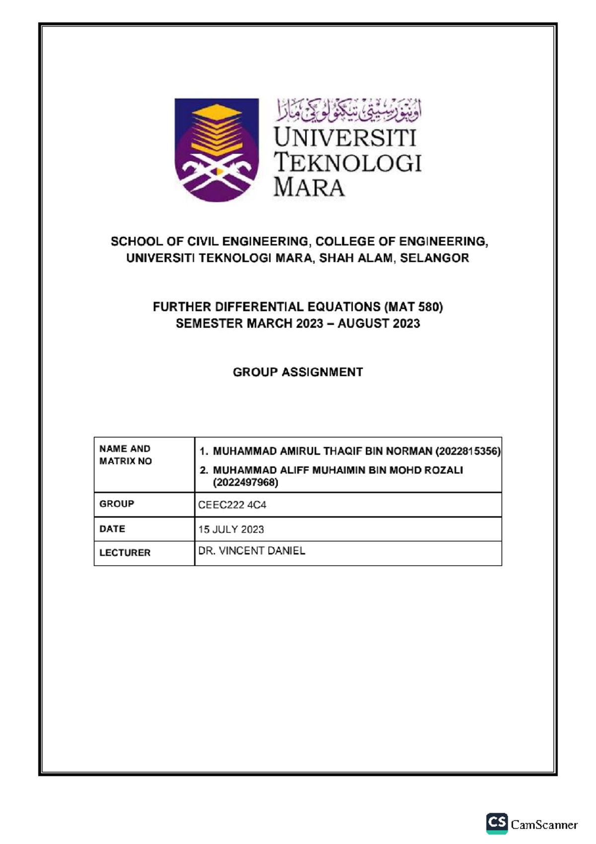 Assignment MAT580 Group 4 CEEC2224C4 - Mathematic - Studocu