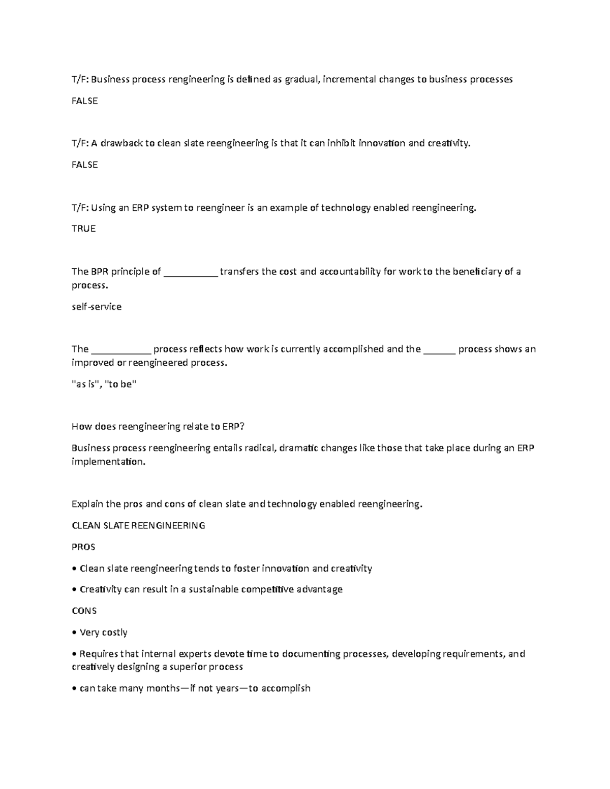 Acc 442 lecture notes package 1 - T/F: Business process rengineering is ...