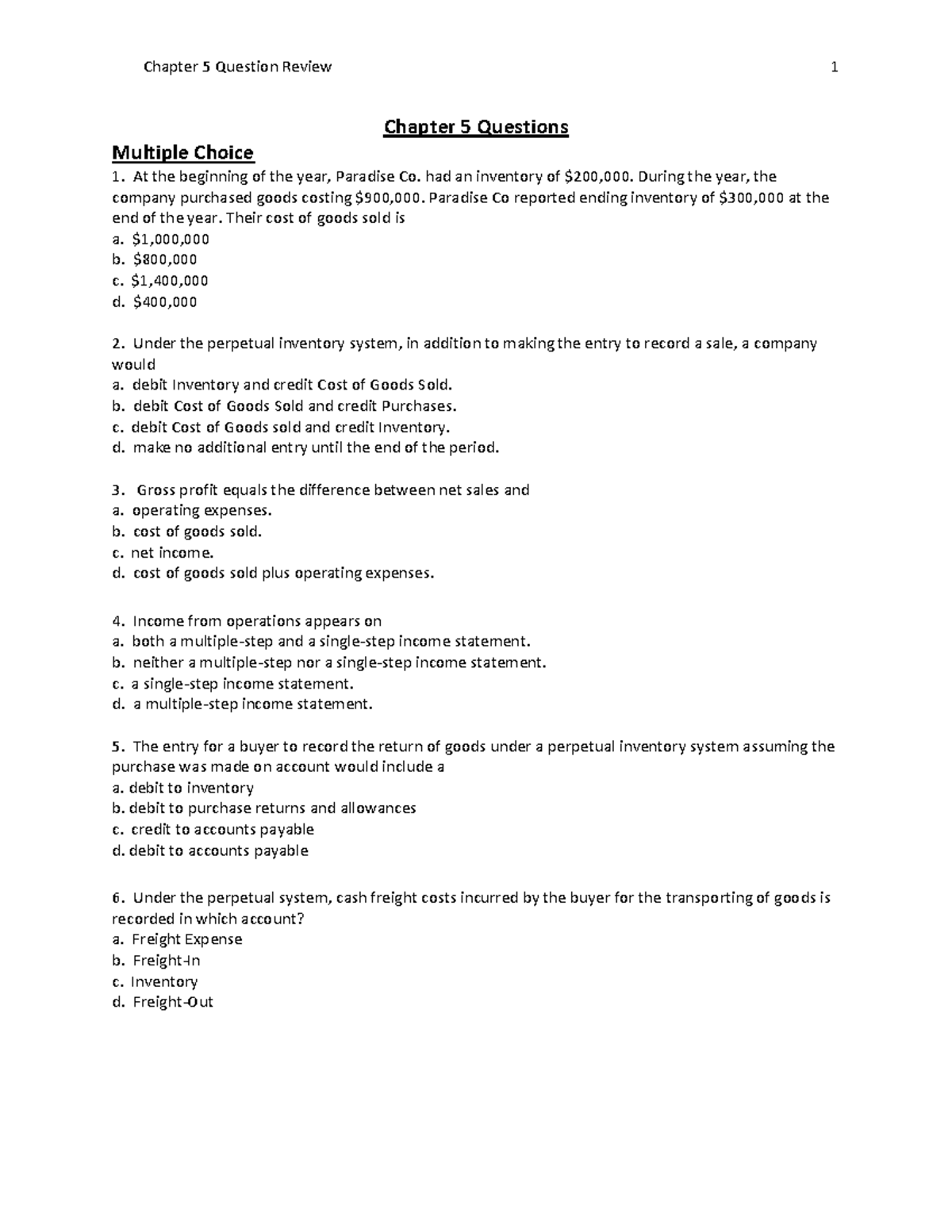 Chapter 5 Question Review Chapter 5 Questions Multiple Choice At The