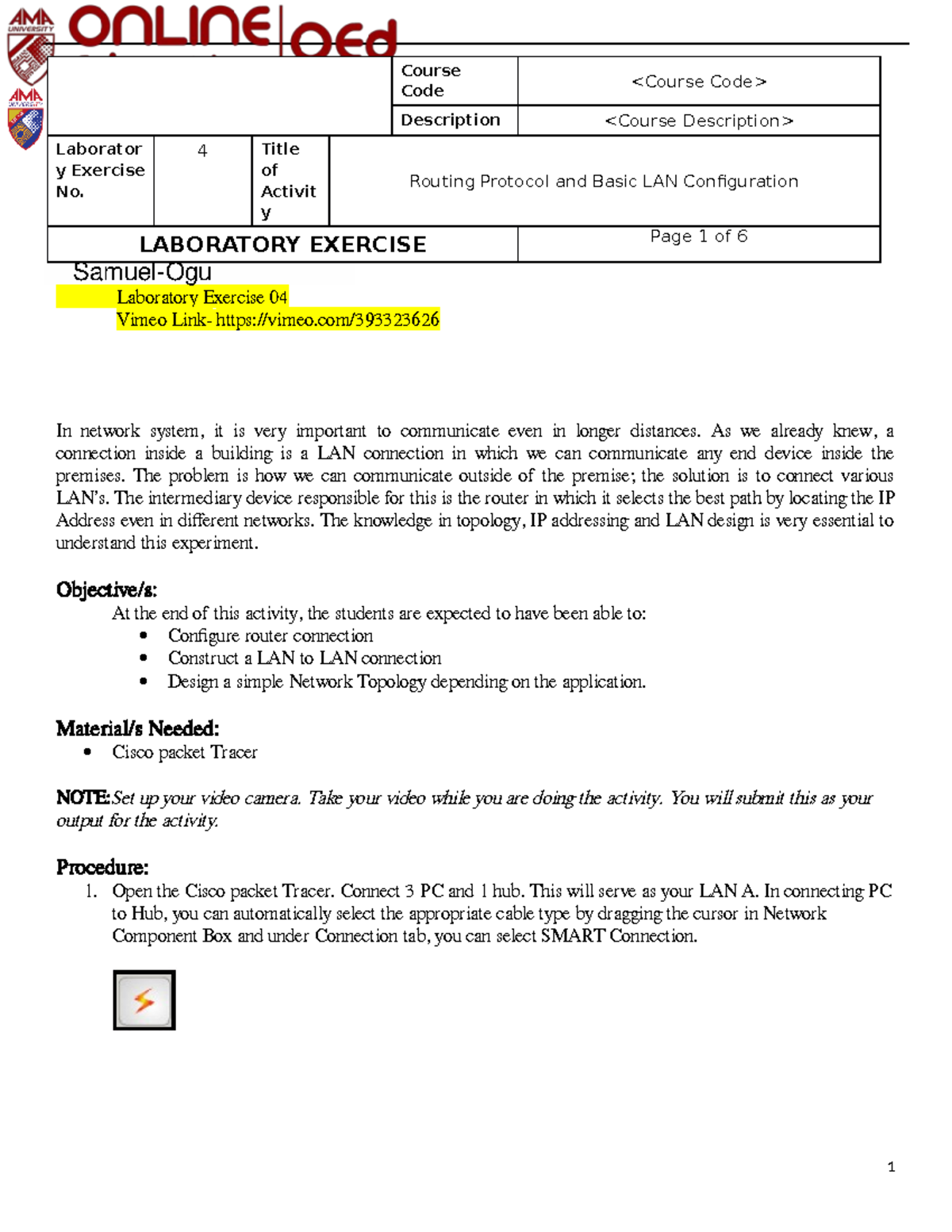 Samuel Ogu Week06 Lab4 - Assignment - Jereza,Angel Laboratory Exercise 04 Vimeo Link- vimeo/ In ...