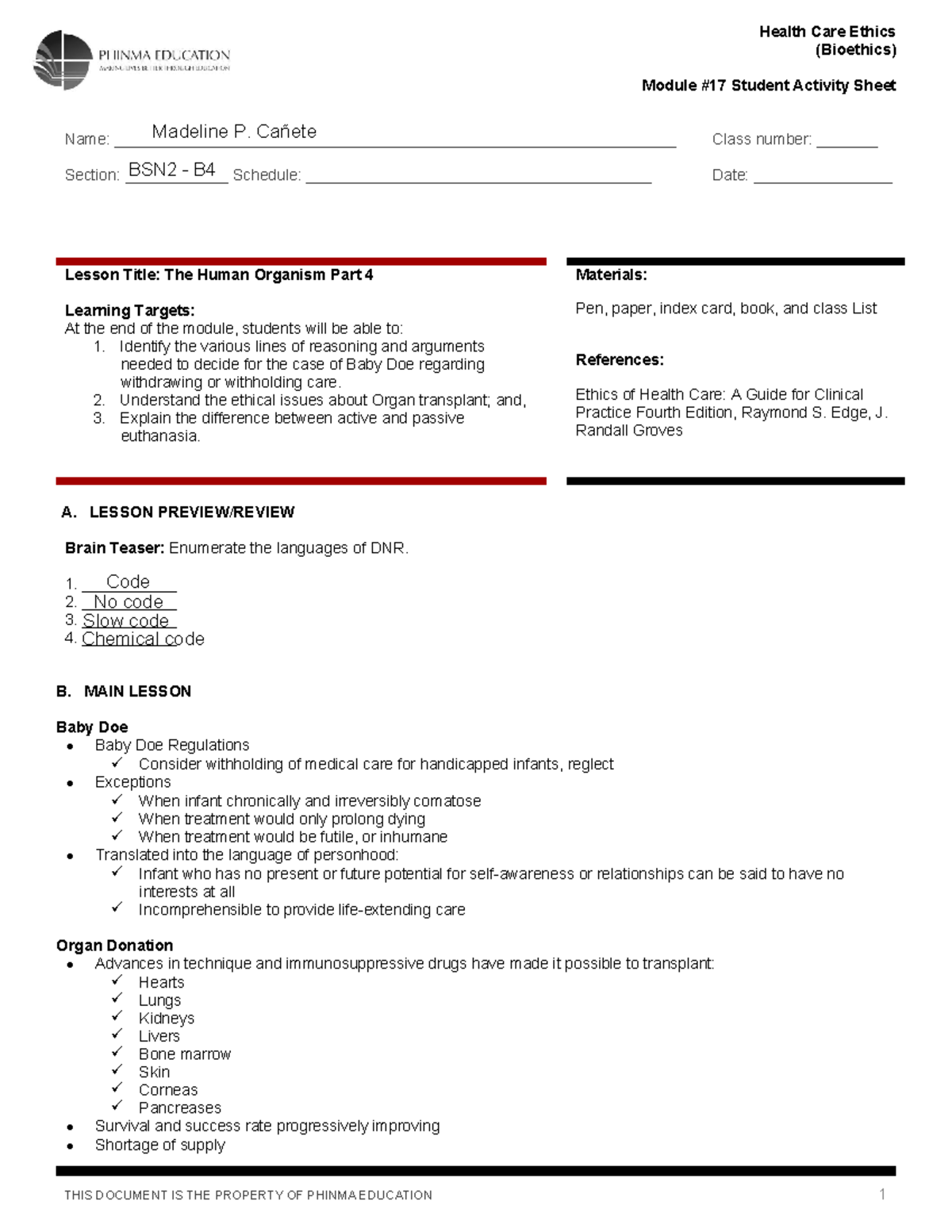 Bioethics Session 17 SAS - (Bioethics) Module #17 Student Activity ...