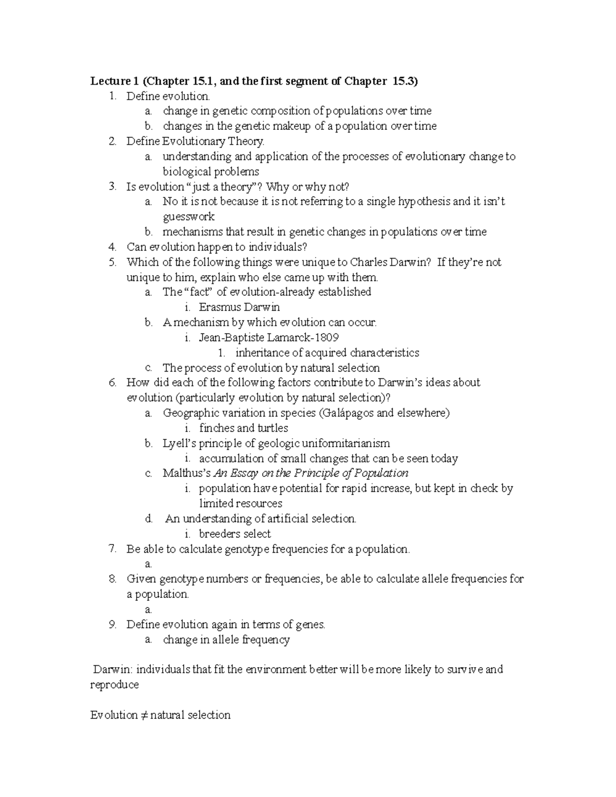 Study guide, lectures 1-12 - Lecture 1 (Chapter 15, and the first ...