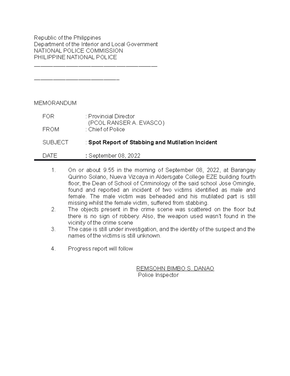 SPOt-REport 2 - bsjssk - Republic of the Philippines Department of the ...
