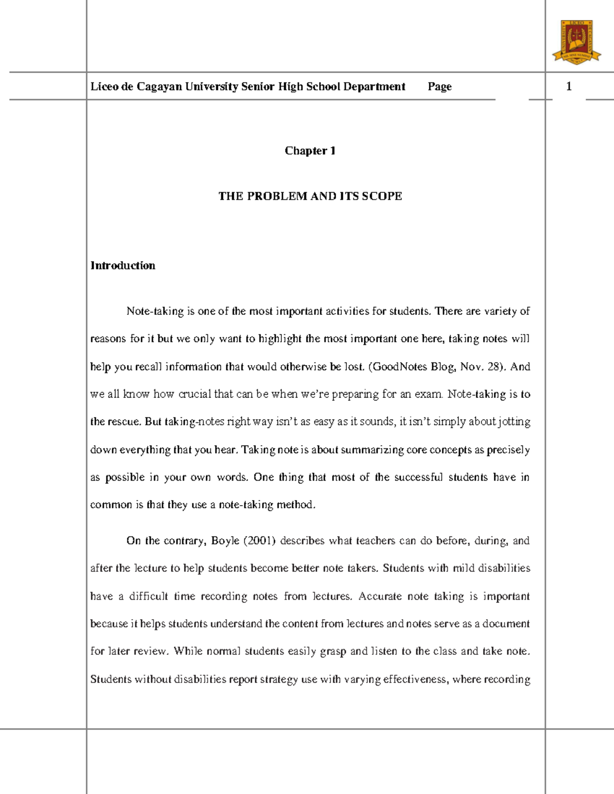 Pdfcoffee - Chapter 1 THE PROBLEM AND ITS SCOPE Introduction Note-taking is one of the most ...