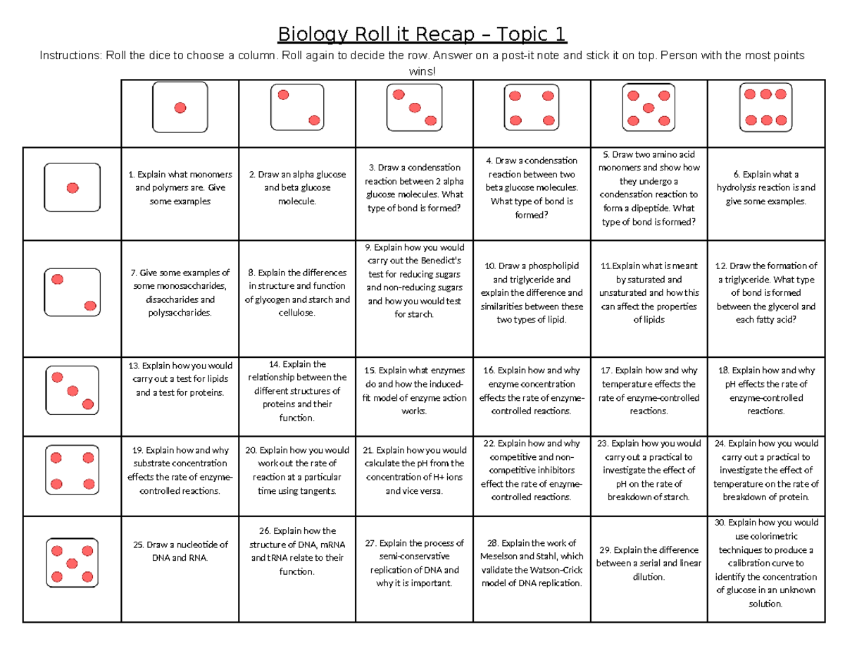 Dice recap revision game Topic 1 - Biology Roll it Recap – Topic 1 ...