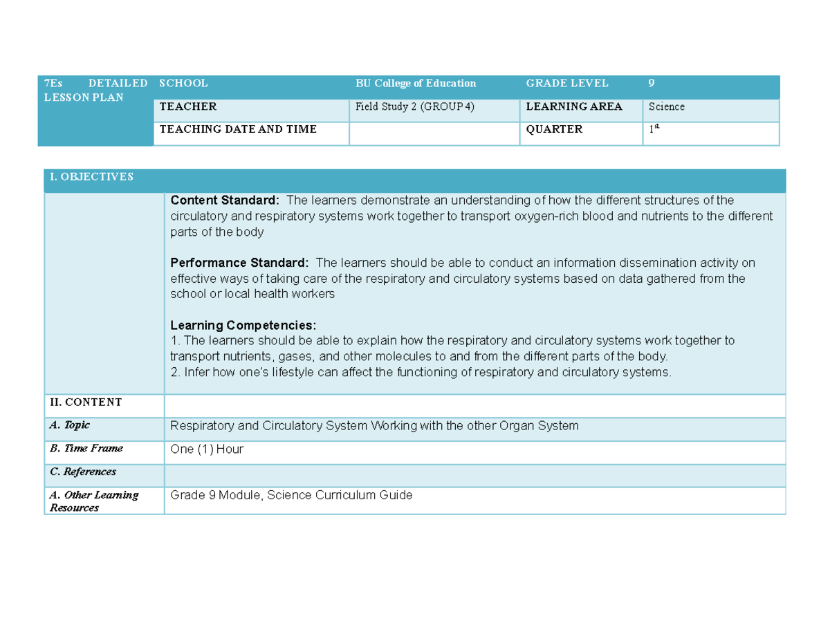 Circulatory System Detailed Lesson Plan