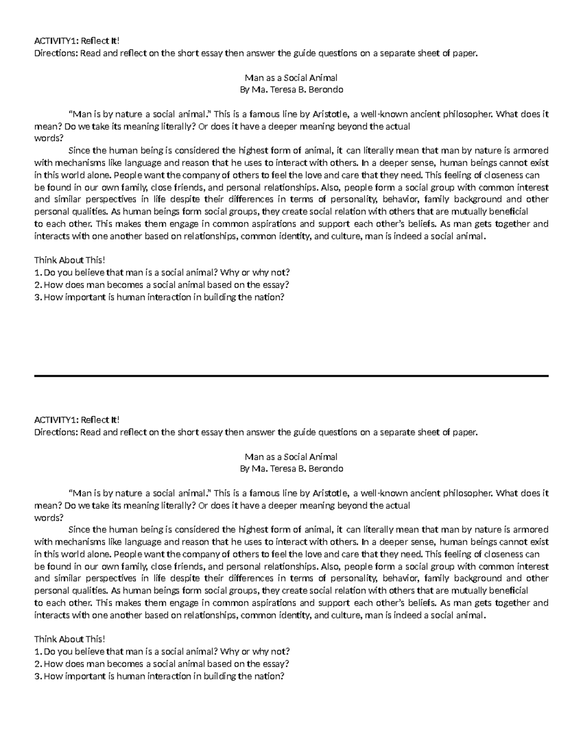 Activity 1ucsp - ACTIVITY1: Reflect It! Directions: Read and reflect on ...