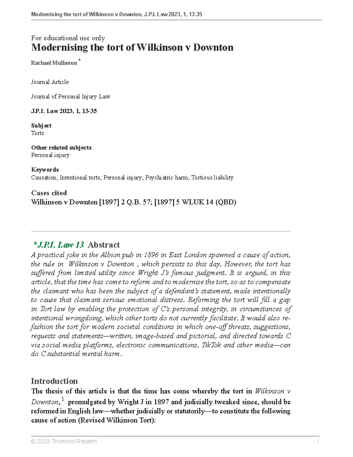 Modernising the tort of Wilkinson v Downton - For educational use only ...