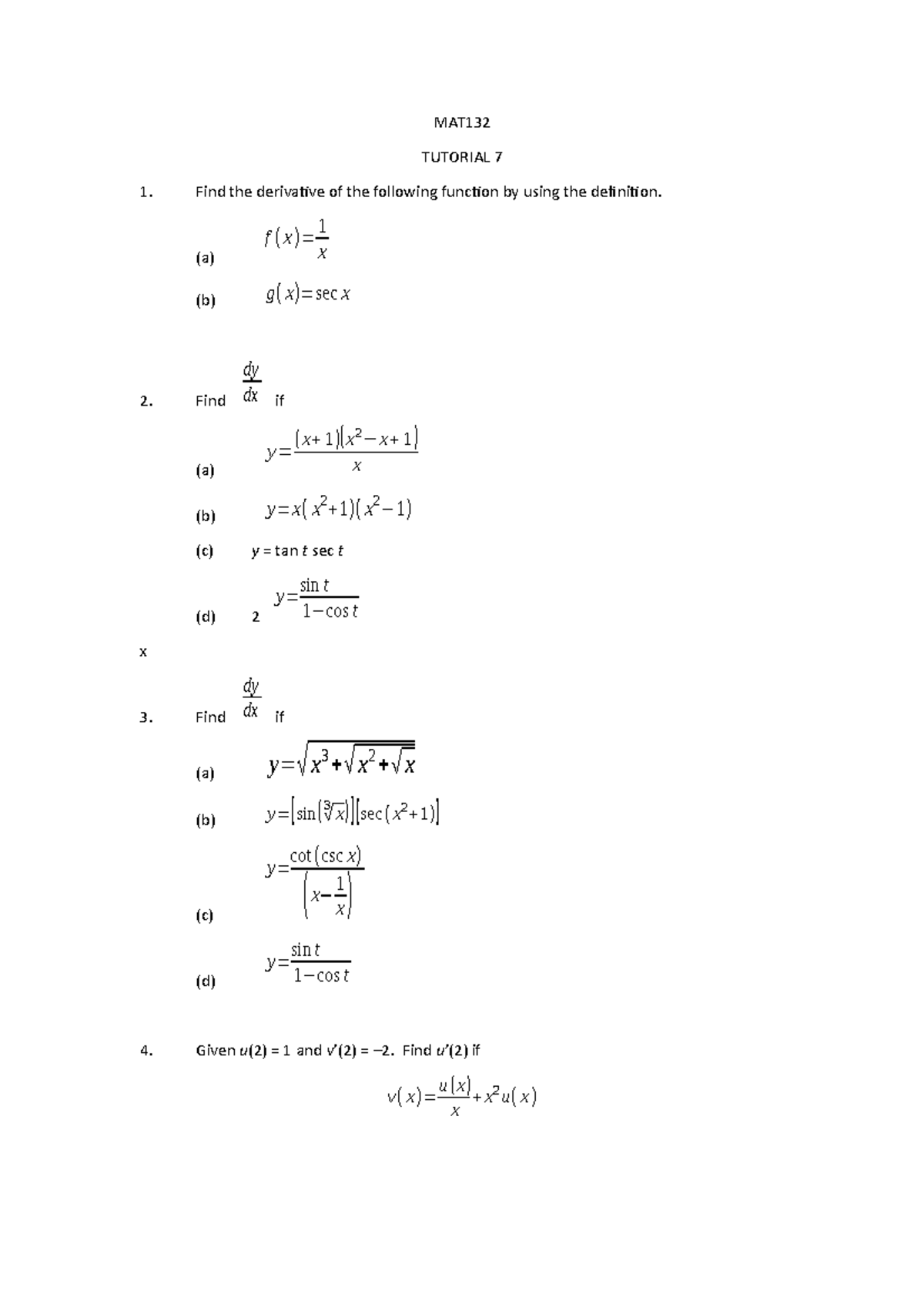 Tutorial 7 - Practice questions for chapter 7 - MAT TUTORIAL 7 Find the ...